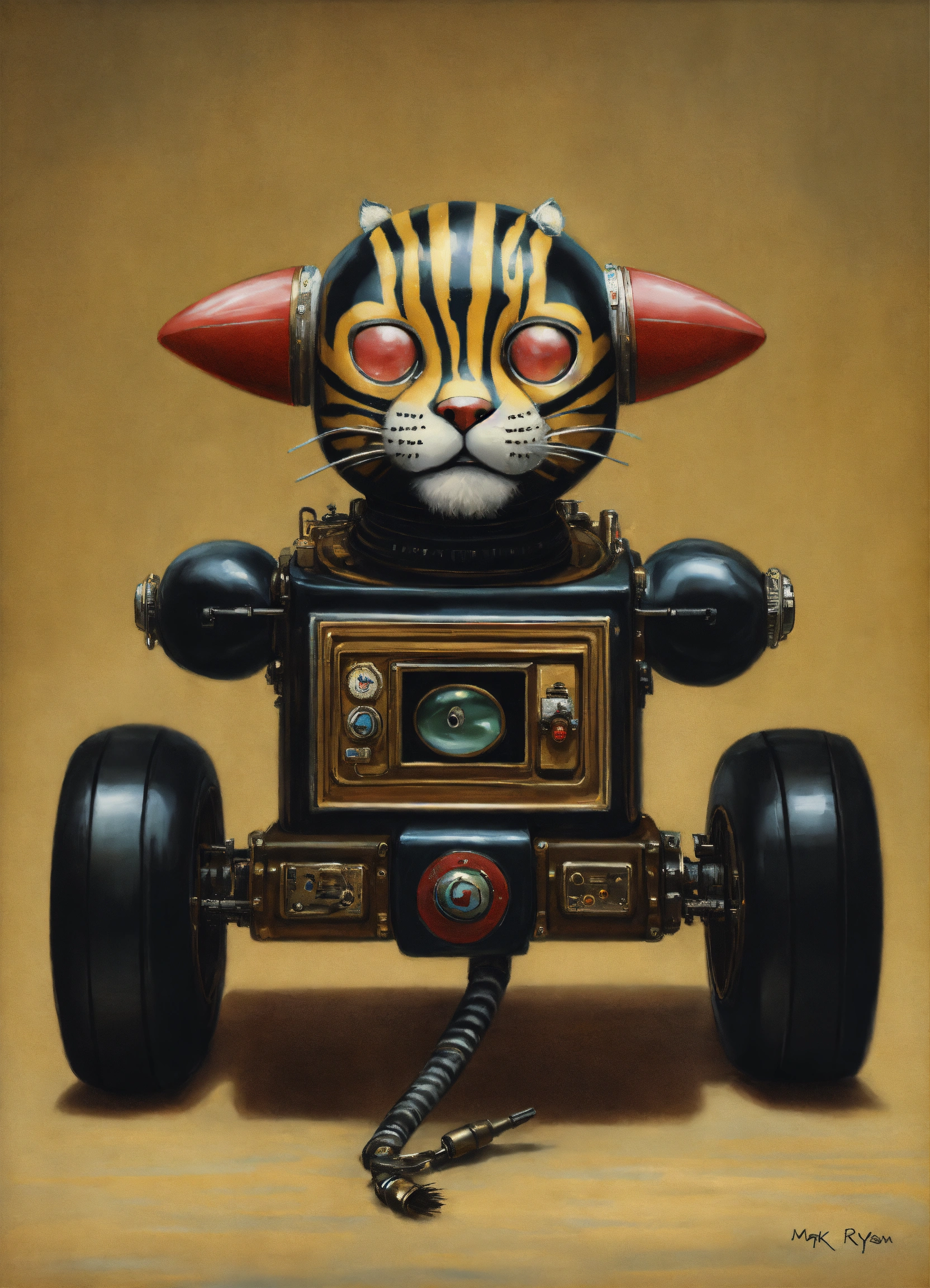 Lexica - A nfl player robot ride a robot black tiger, by Mark Ryden