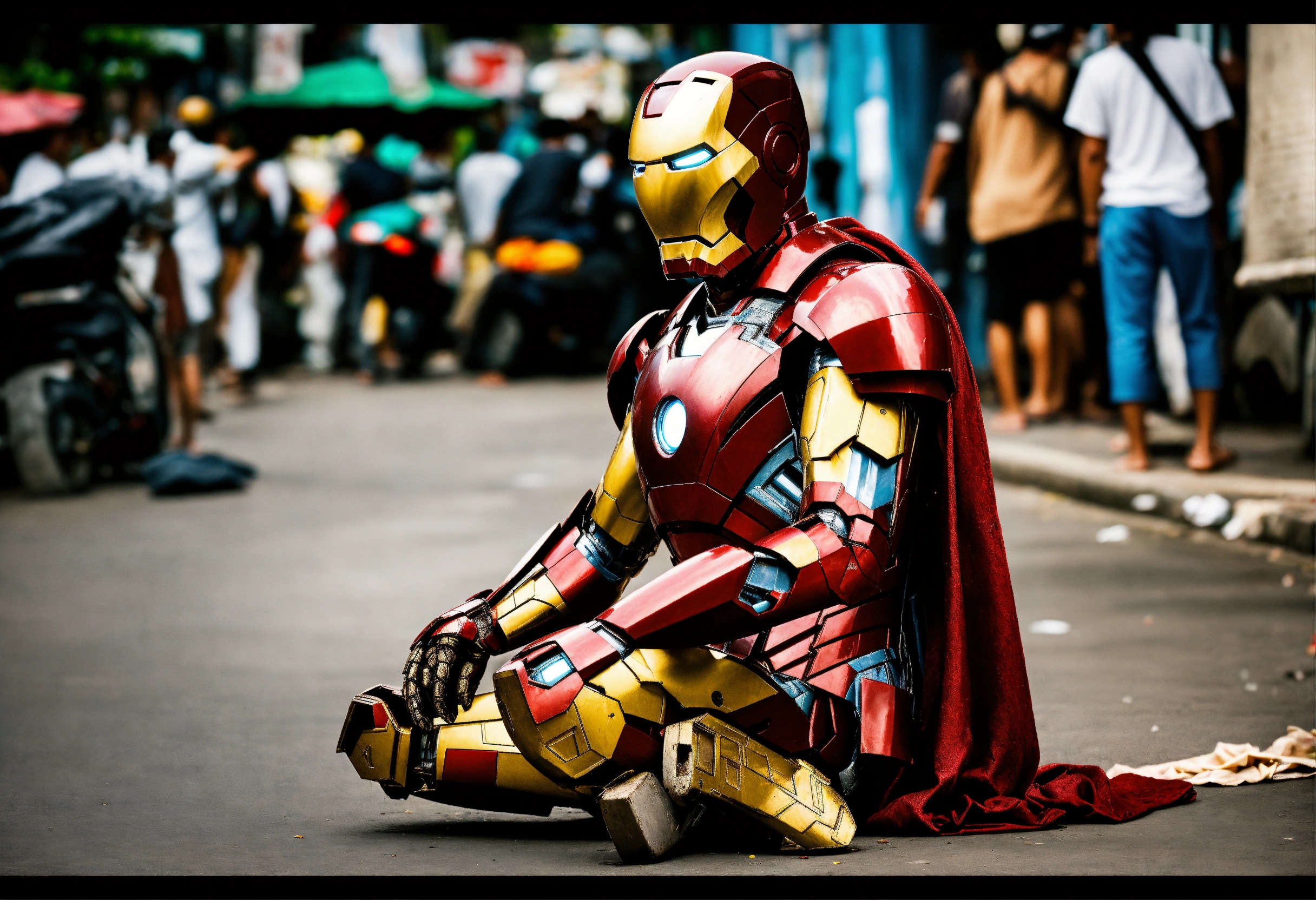 Lexica - Iron man as beggar, begging money, worn out costume ...