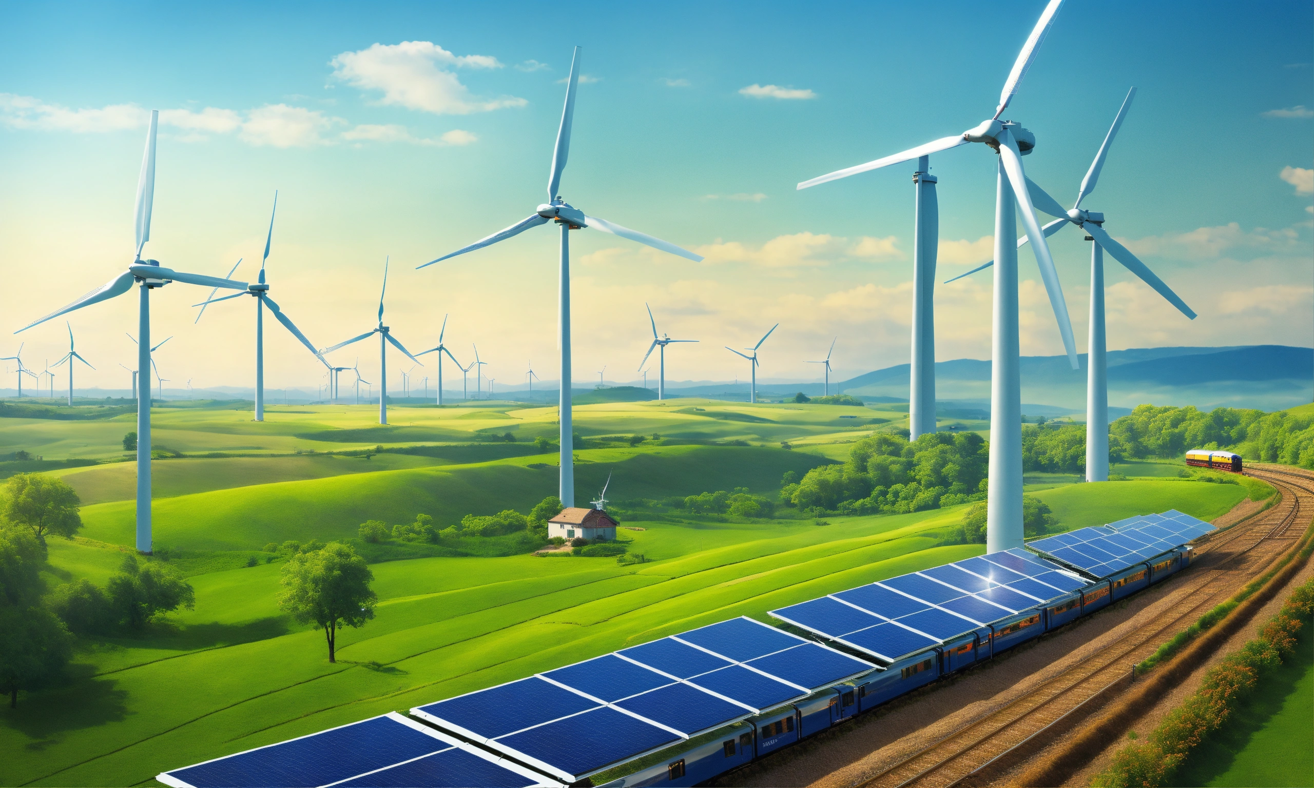 Lexica - Landscape with green landscape, blue sky, some wind turbine ...