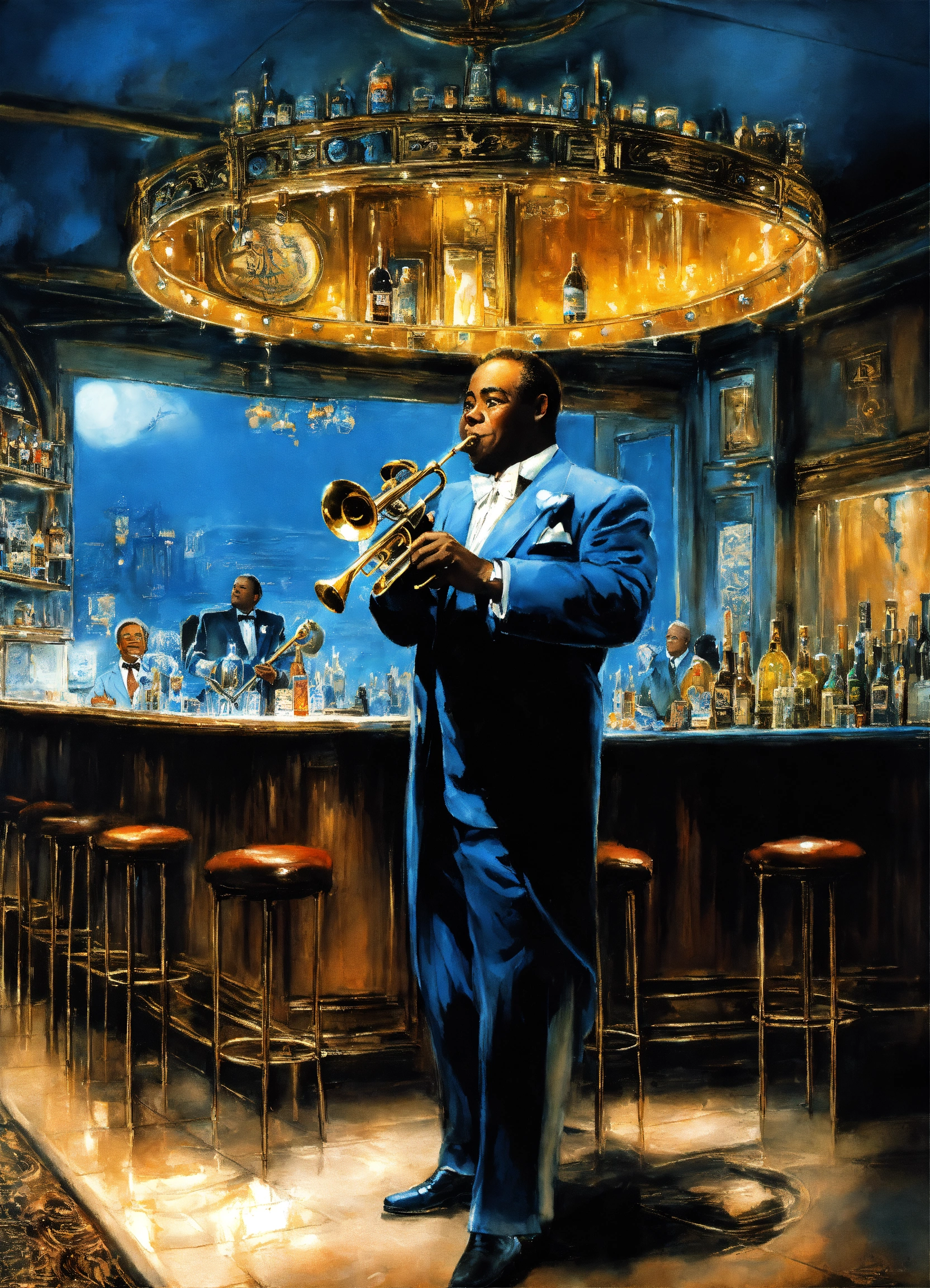 Lexica - "Louis Armstrong and in the background a bar in with a blue ...