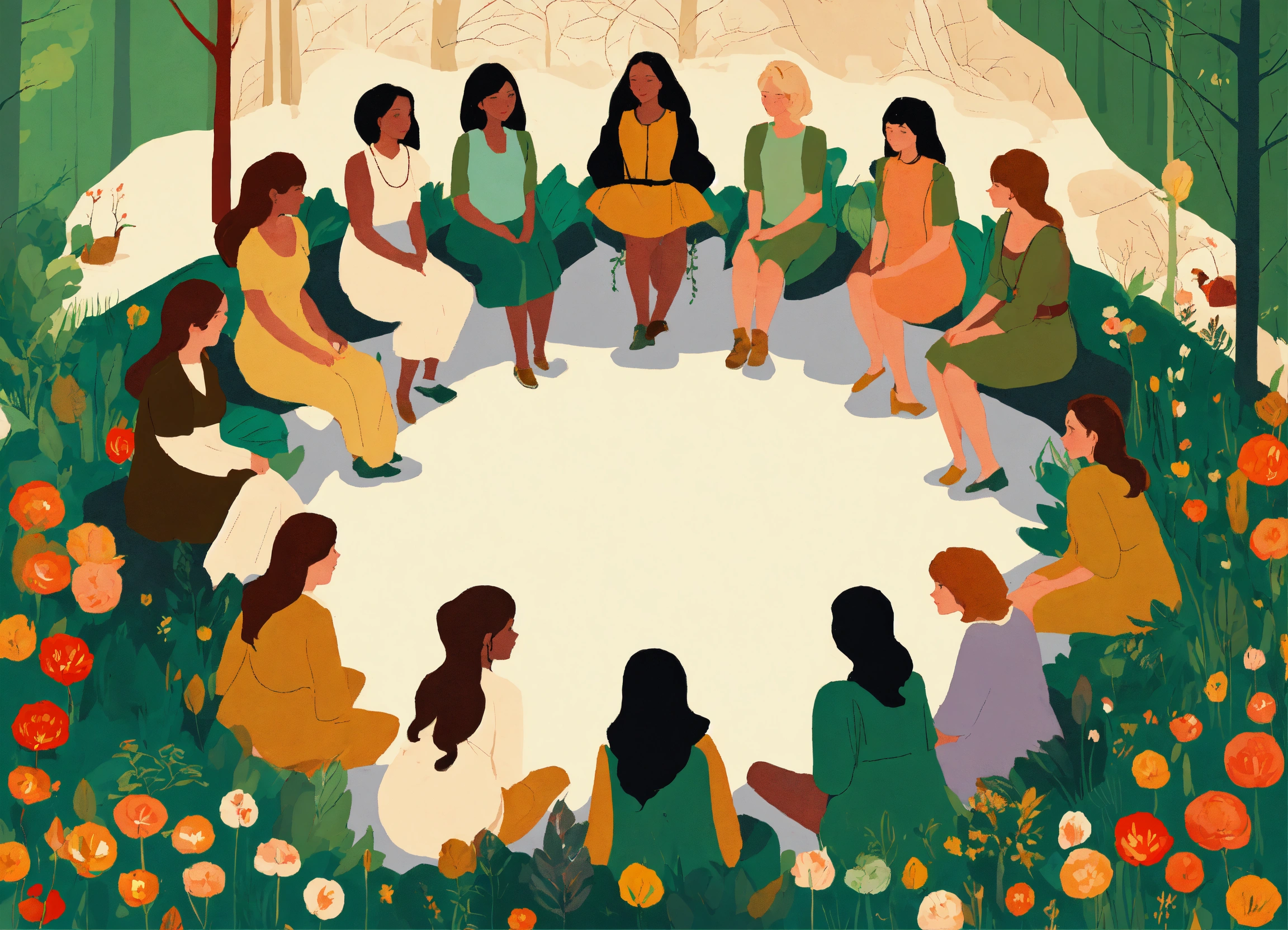 Lexica - Illustration of a group of women in a circle, forest theme