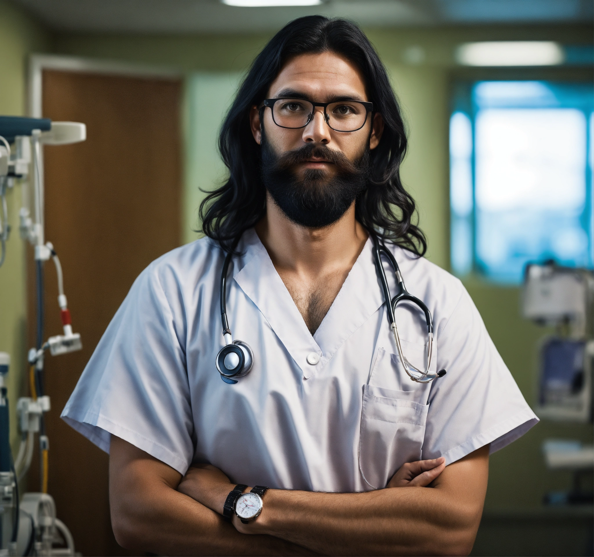 Lexica - Hospital nurse man with black long hair, and thin beard with ...