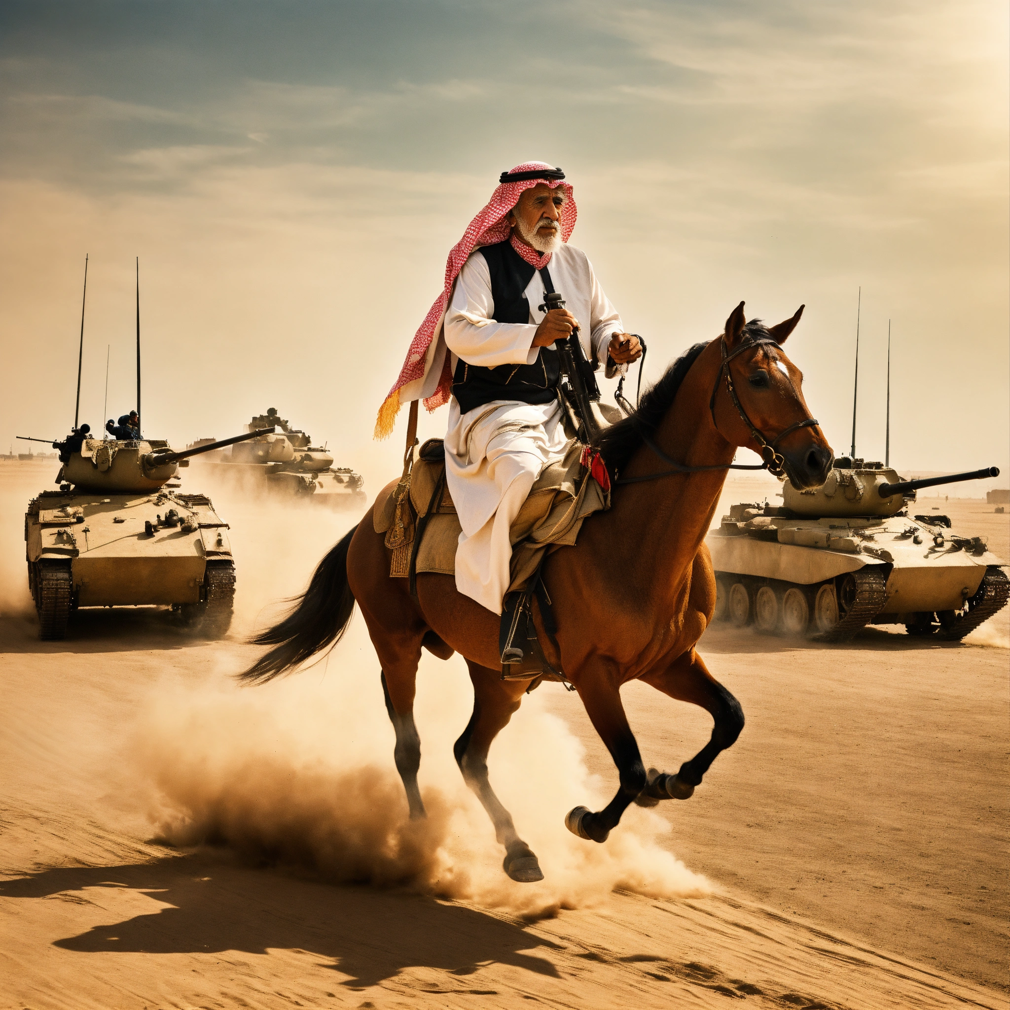 Lexica - An old Arab man in traditional attire riding a horse with ...