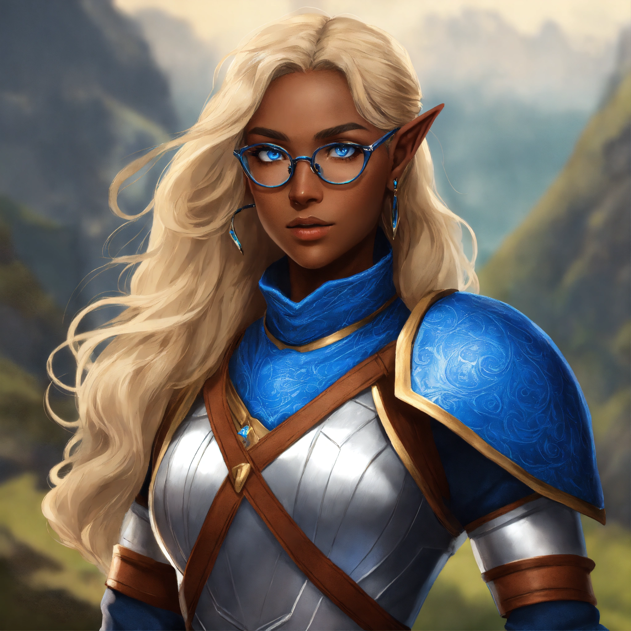 Lexica - A very brown skinned half elf woman, wearing glasses with deep azure blue eyes, long ...