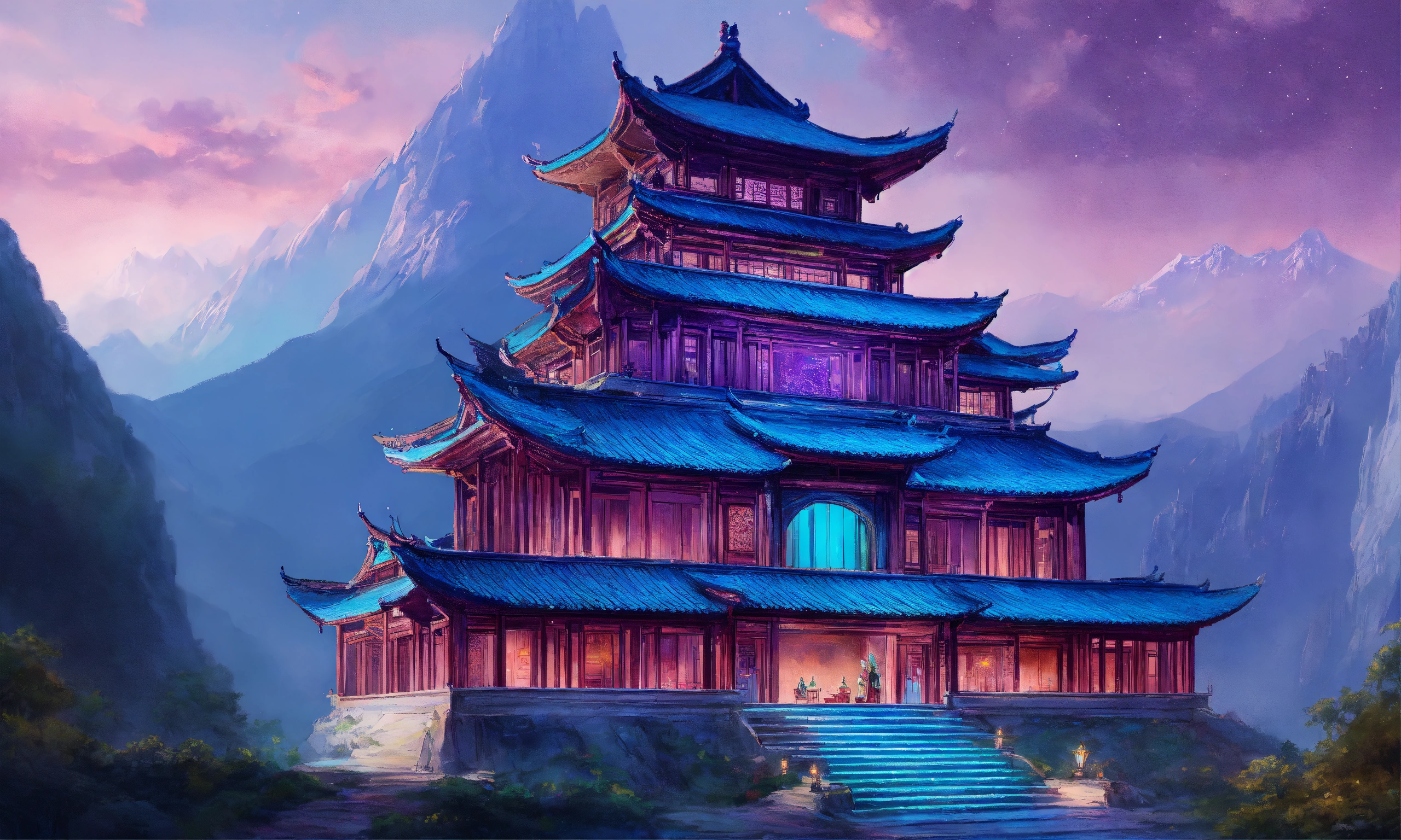 Lexica - Drawing of a fully shown large purple and cyan elegant high ...