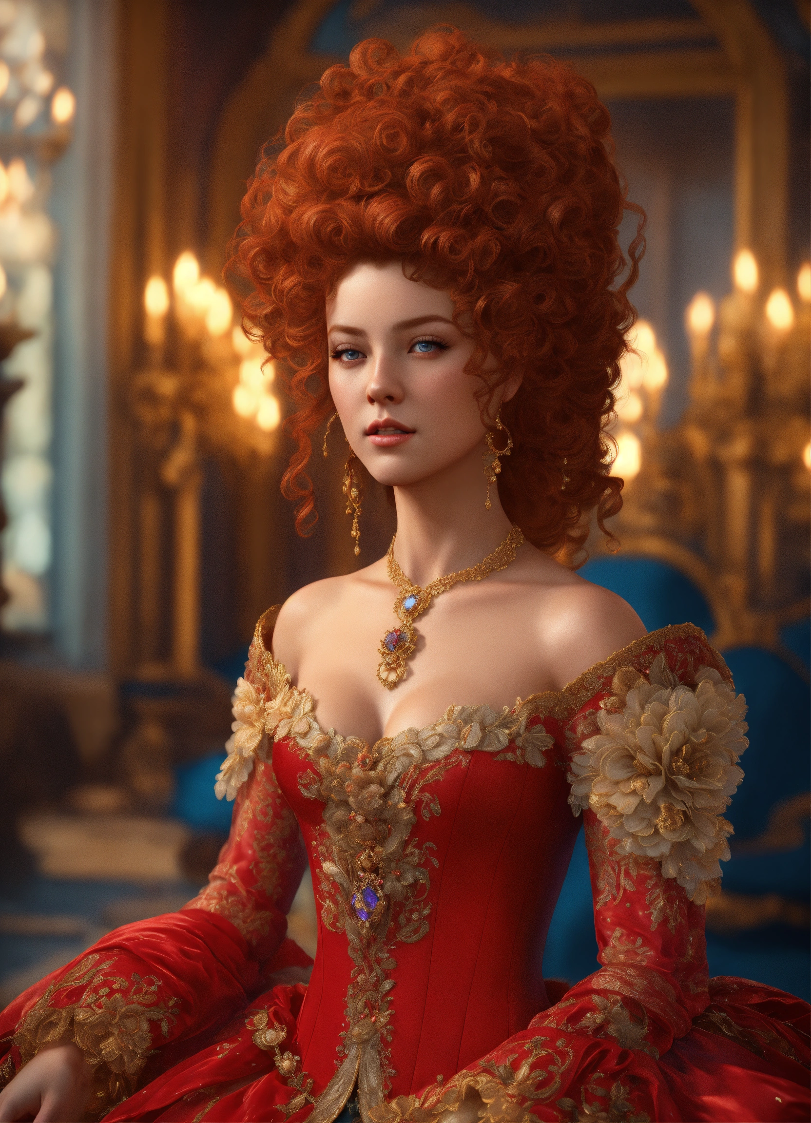 Lexica - "Beautiful Rococo Princess", elaborate gown, massive curly red ...