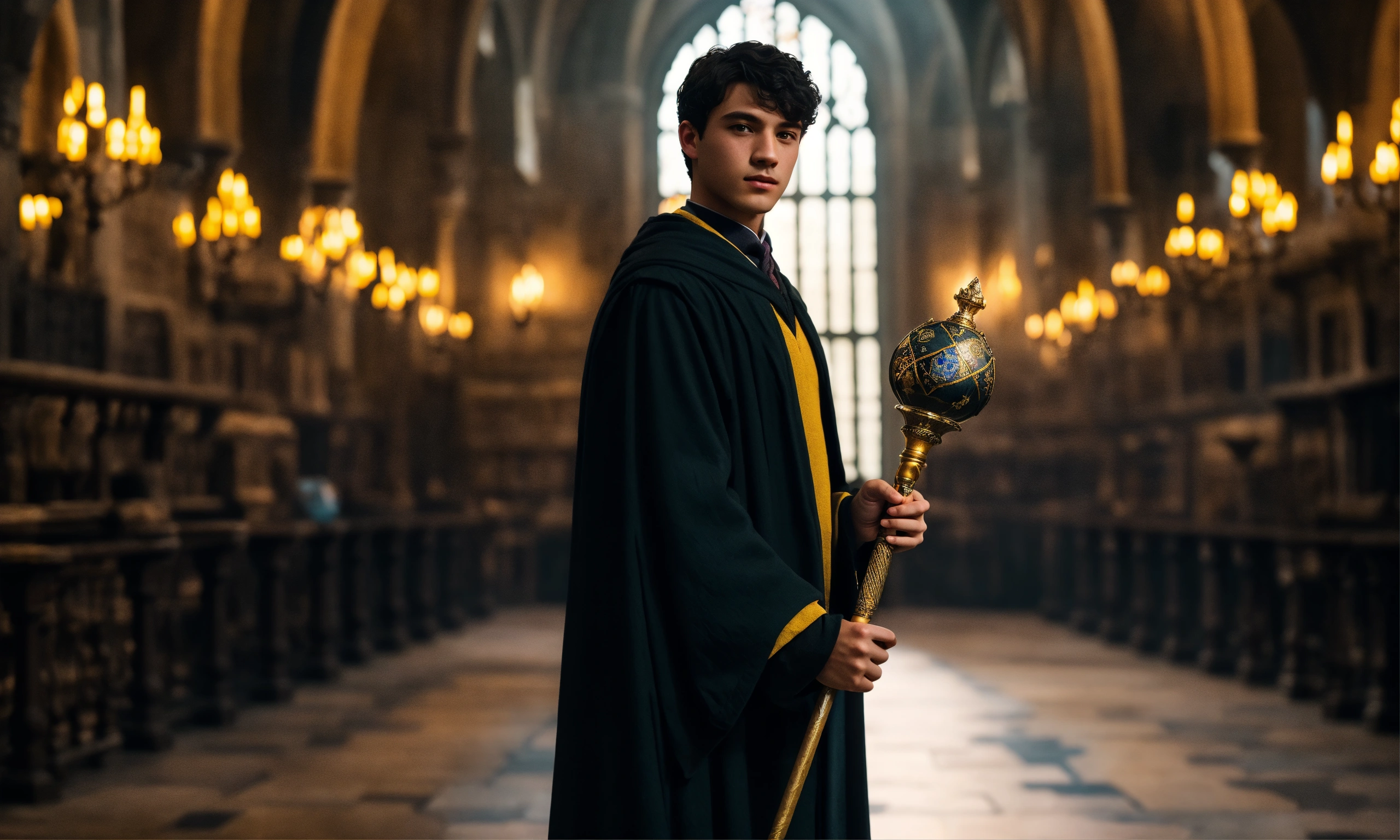 Lexica - Man young wizard, inside Hogwarts with a mystical scepter in ...