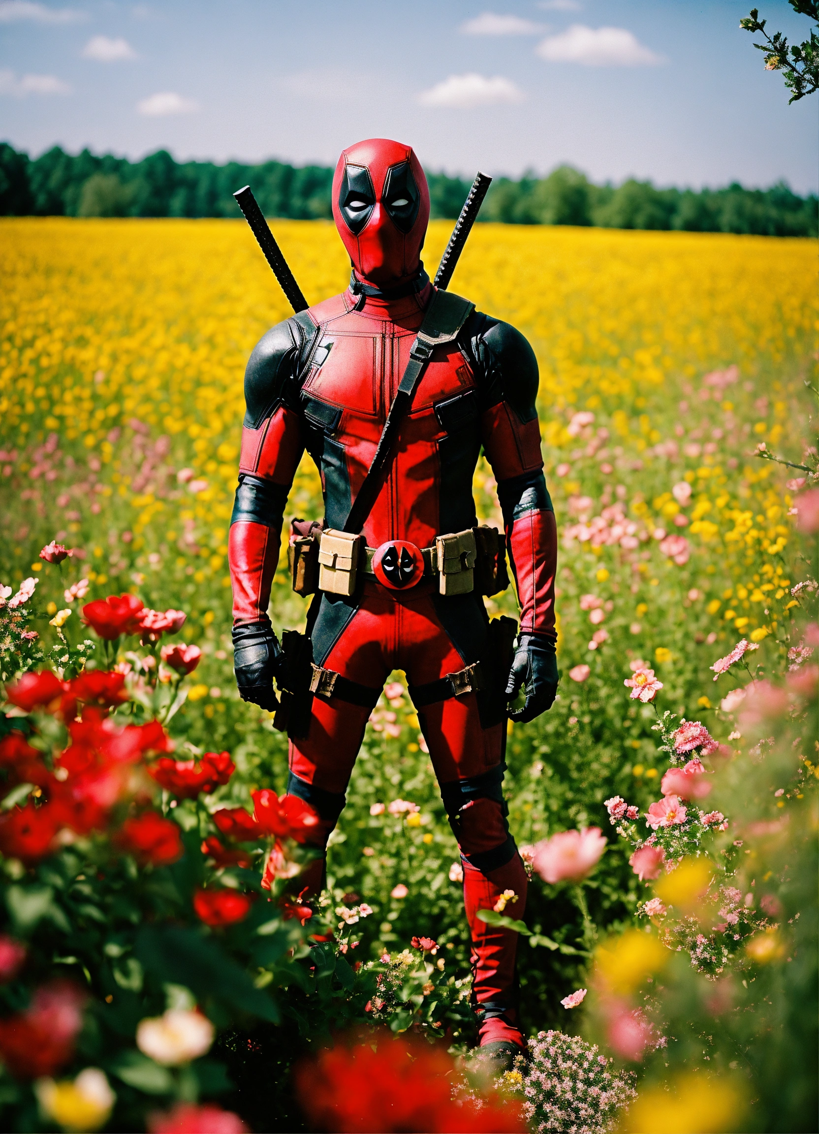 Lexica - Happy Deadpool standing in a beautiful field of flowers ...