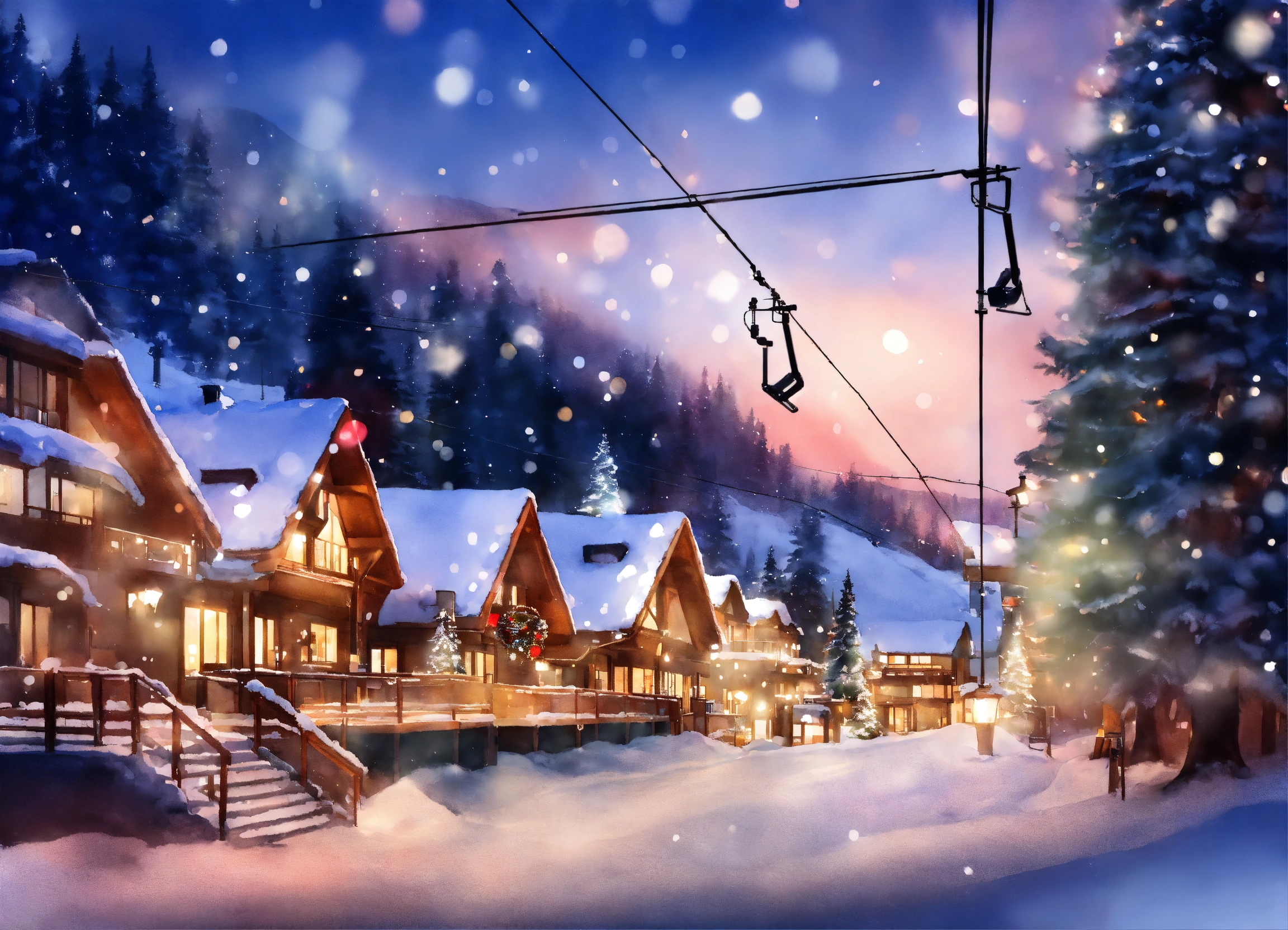 Lexica - Outdoor winter scene at a ski resort and lodge. Ski lift in ...