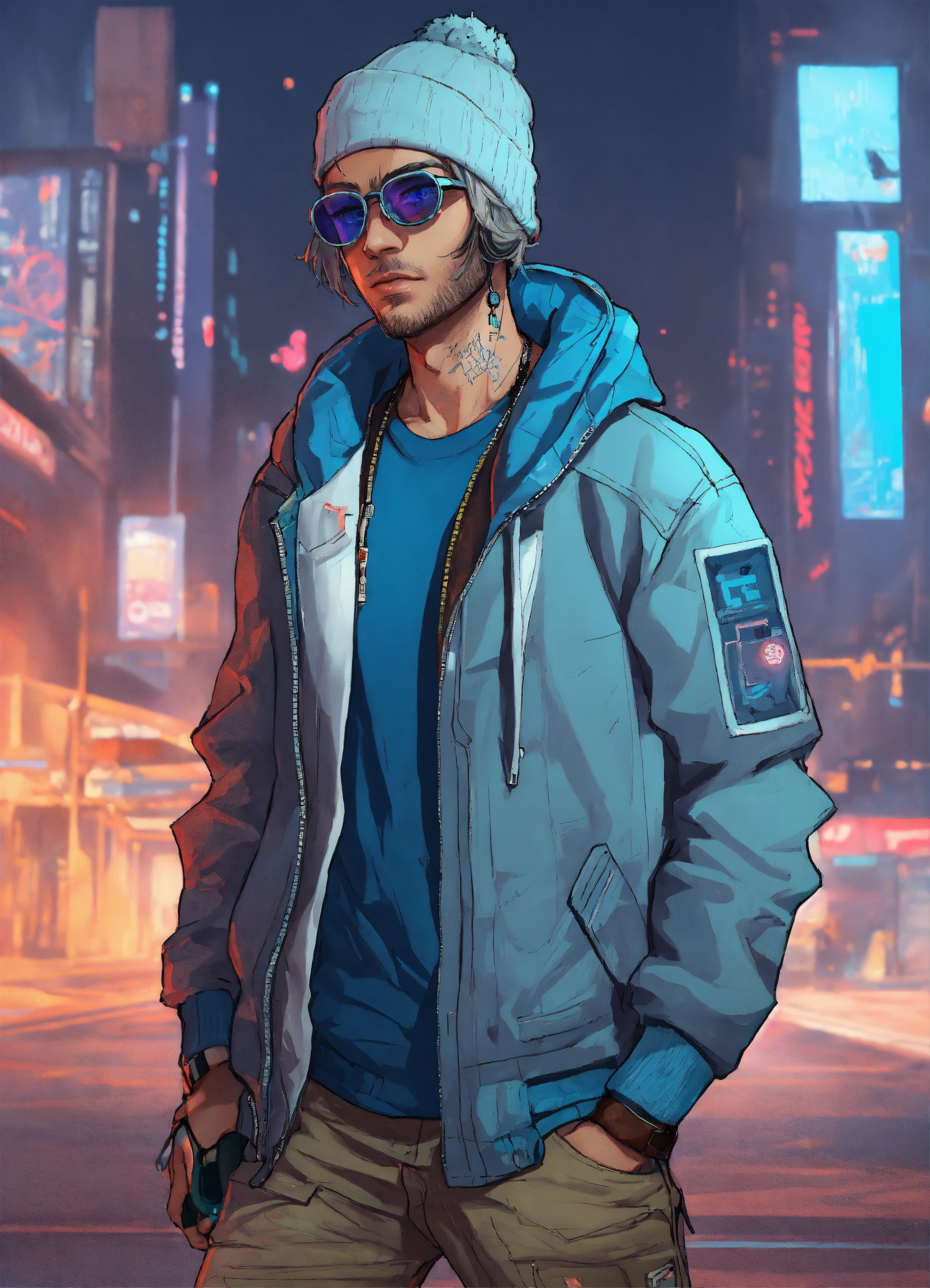 Lexica - Cute cyberpunk hacker with blue colored glasses, in a jacket ...