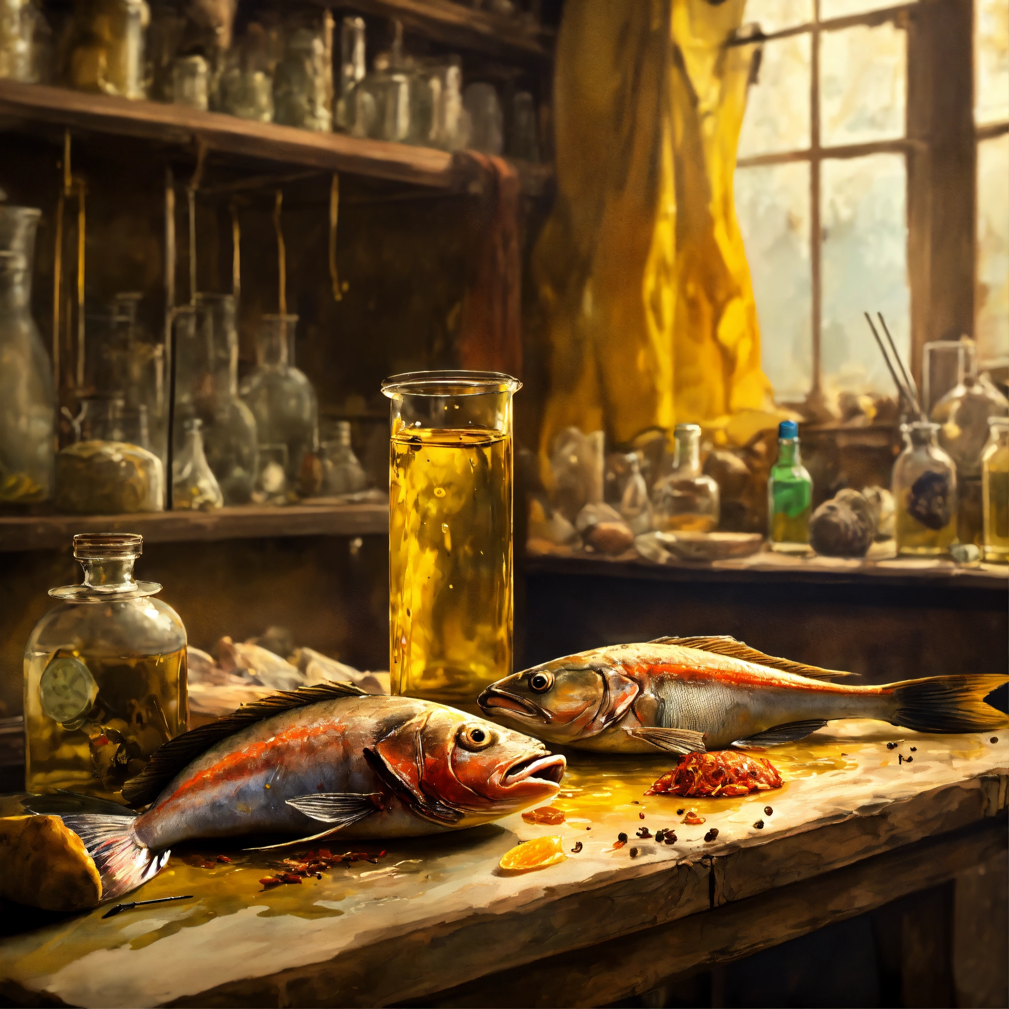Lexica - Concept art of a vintage glass of dirty yellow oil, fish head ...