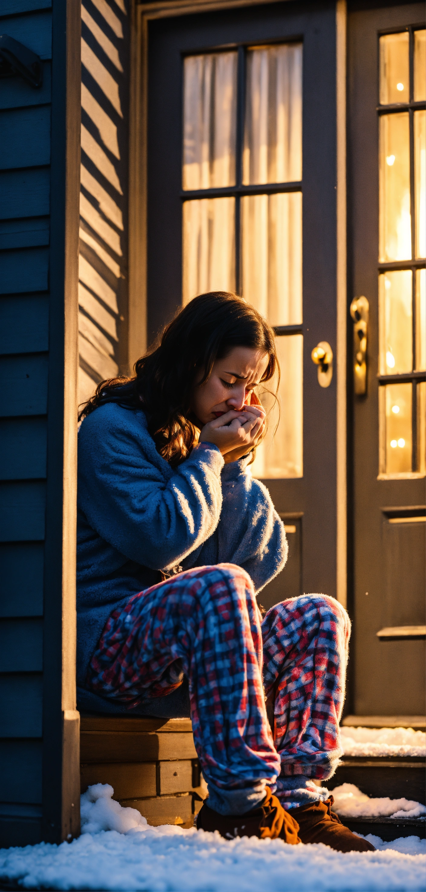 Lexica - A woman is sitting on the doorstep of a house outside in the ...