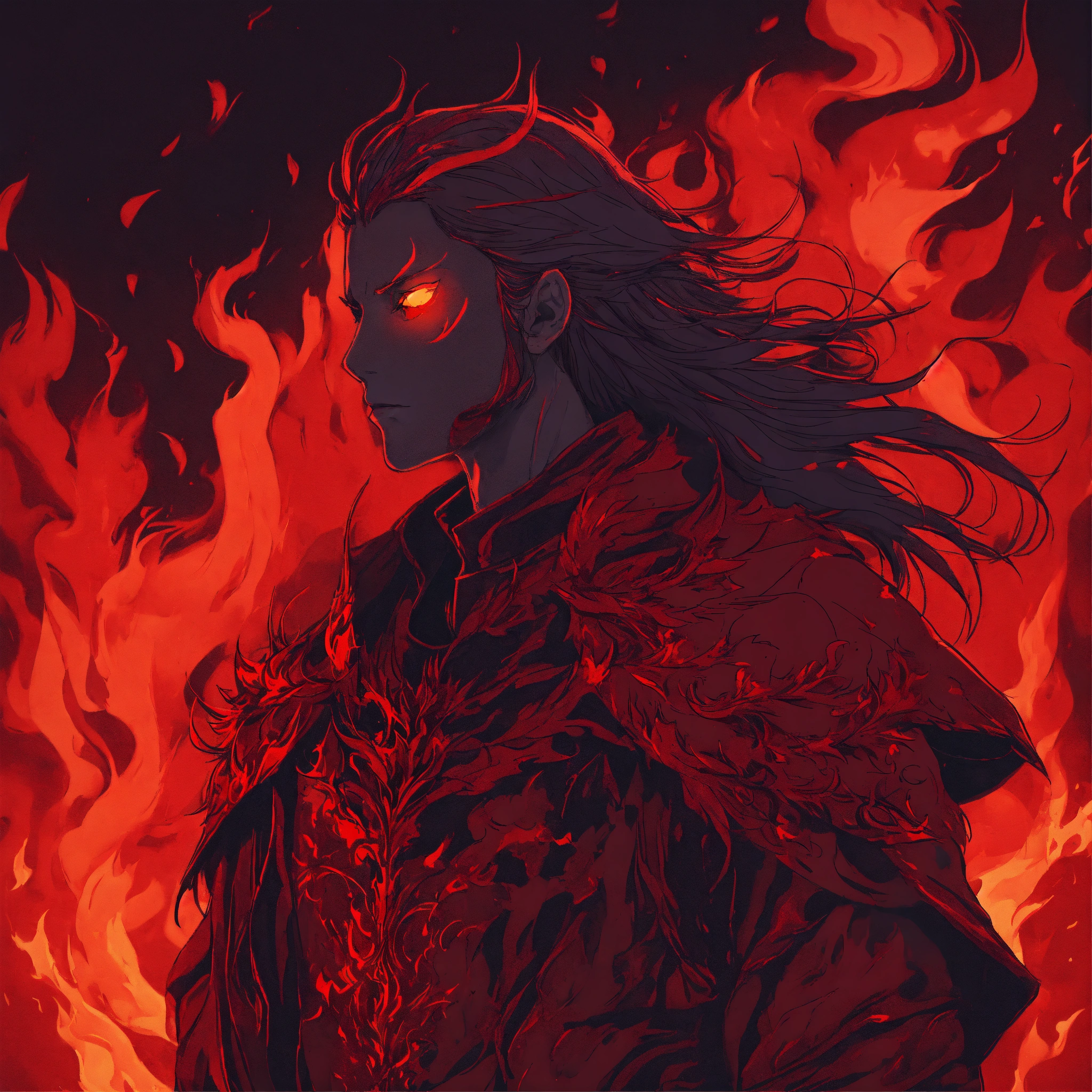Lexica - Dark anime silhuete in a red background with flames