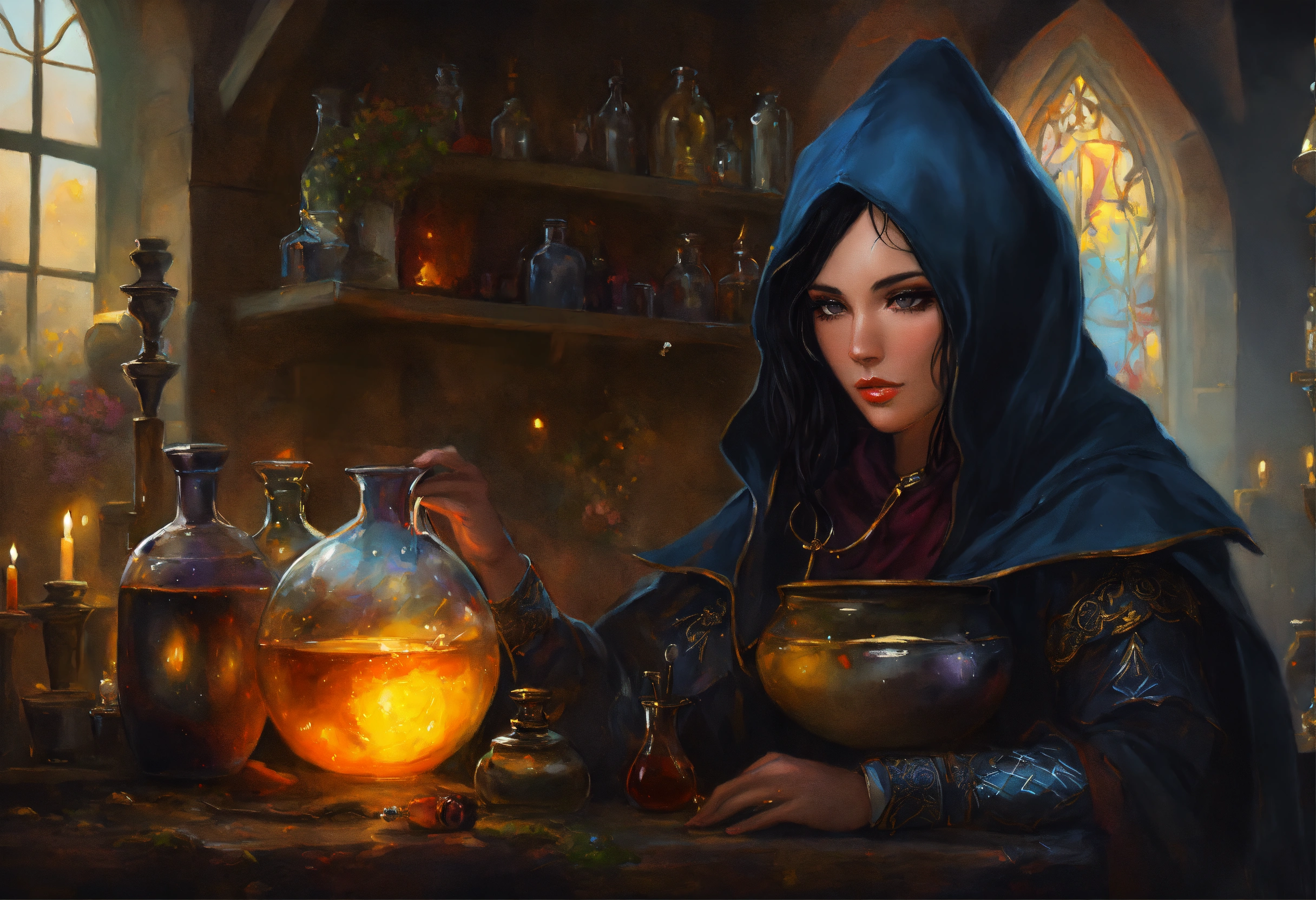 Lexica - Fantasy Painting, black haired black eyed in black cowl ...