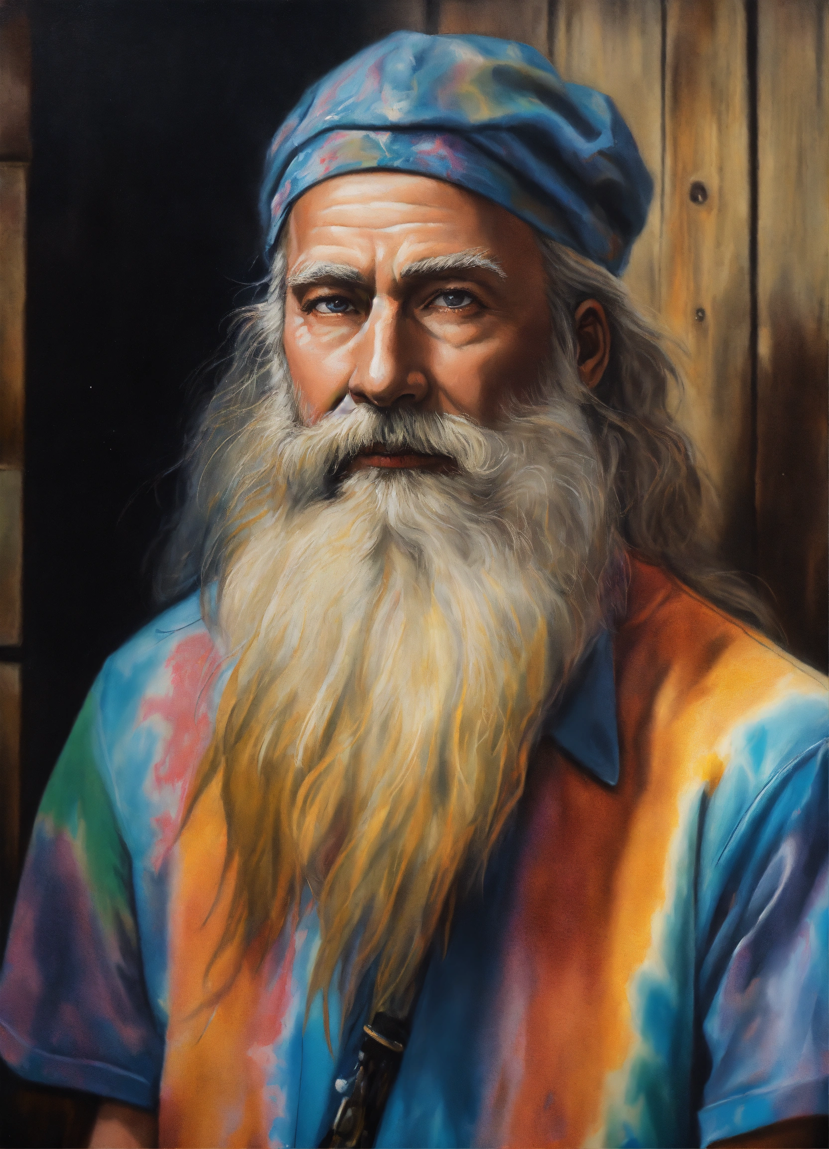 Lexica - 1980's wizard long beard, wearing tie-dyed t-shirt, in a Shed ...