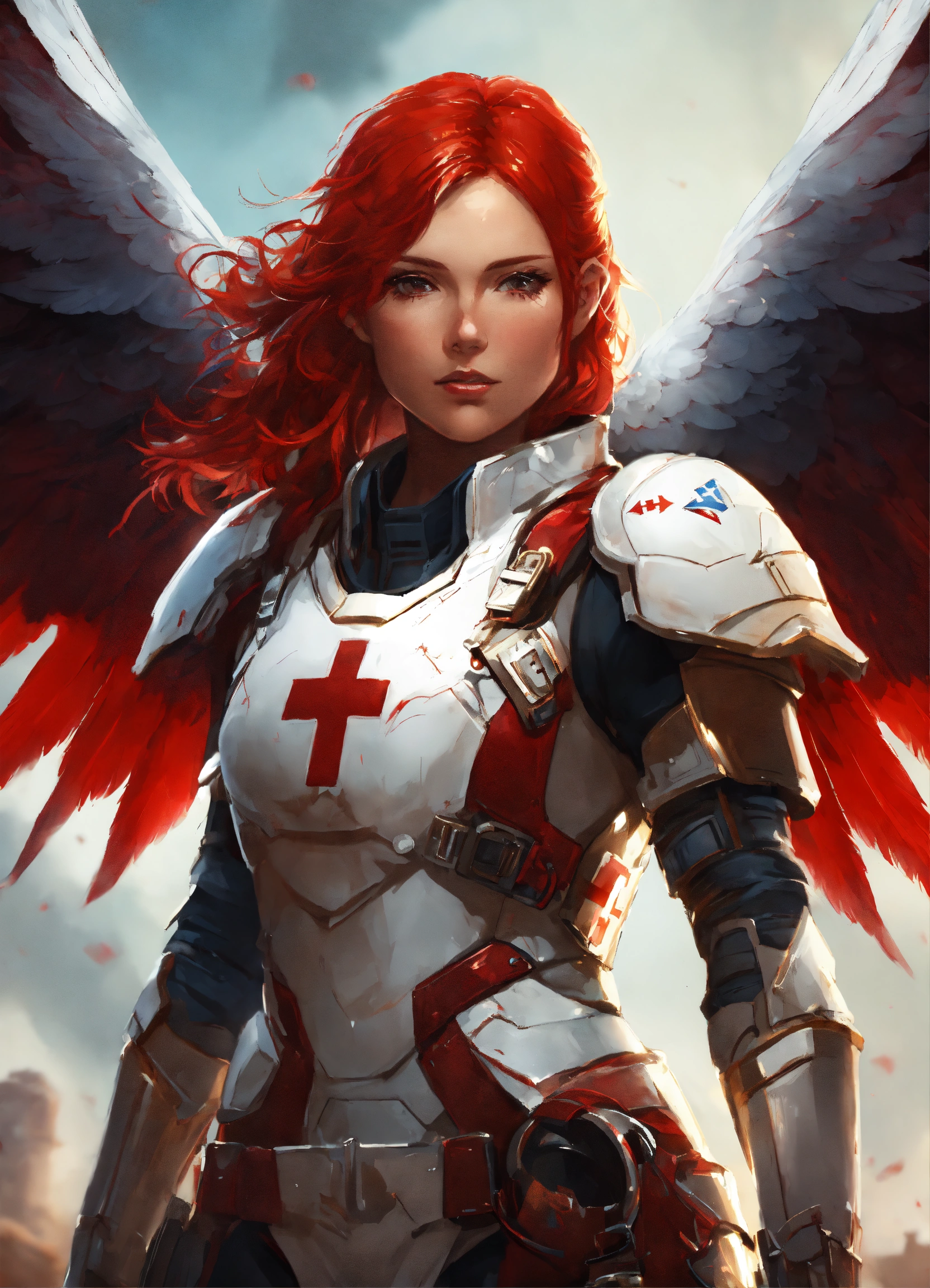 Lexica - Female athletic red hair wearing white metal armor with red ...