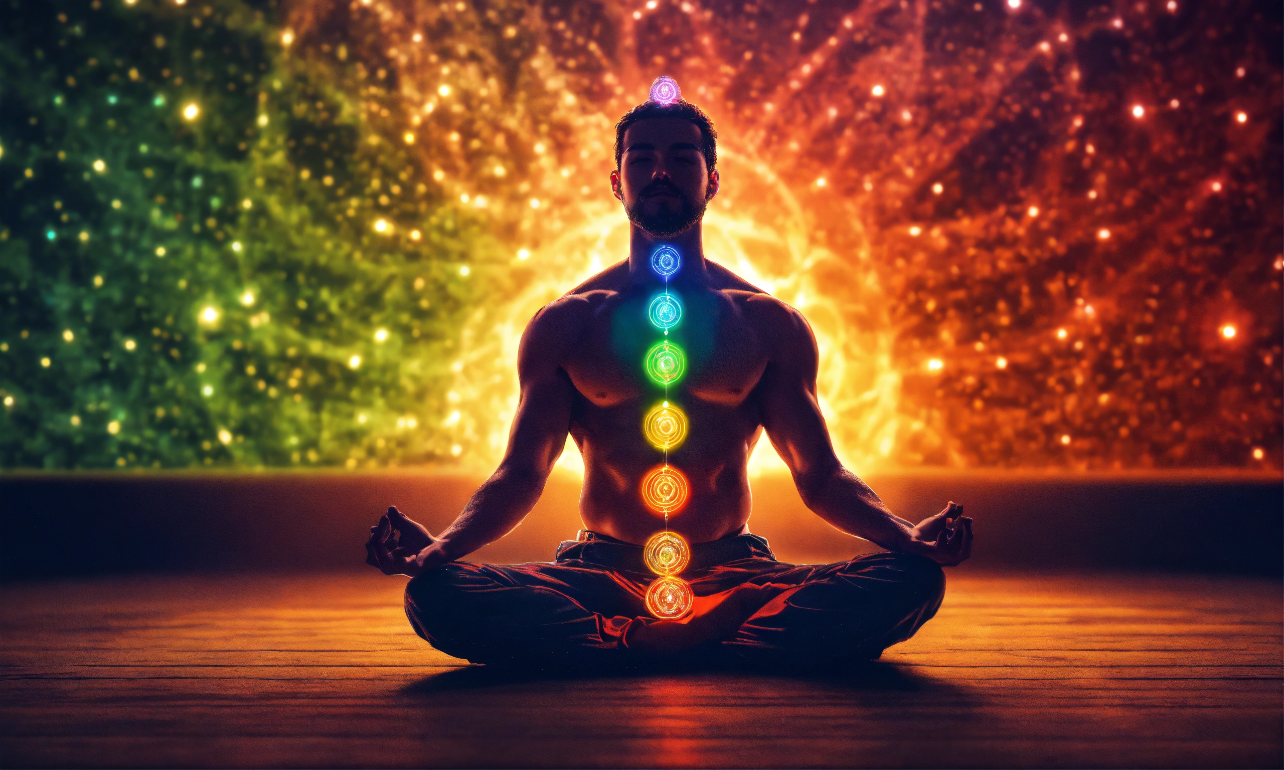 Lexica - Man sitting, chakras lit up, 4k, high resolution, photo quality