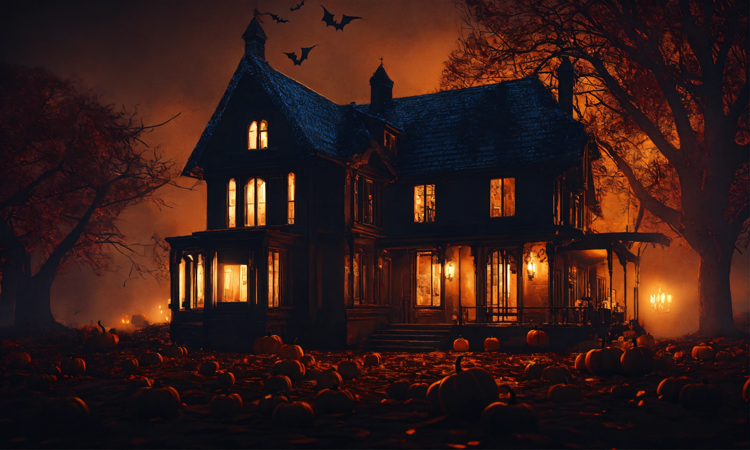 Lexica - Spooky dark modern home at night; decorated in halloween ...