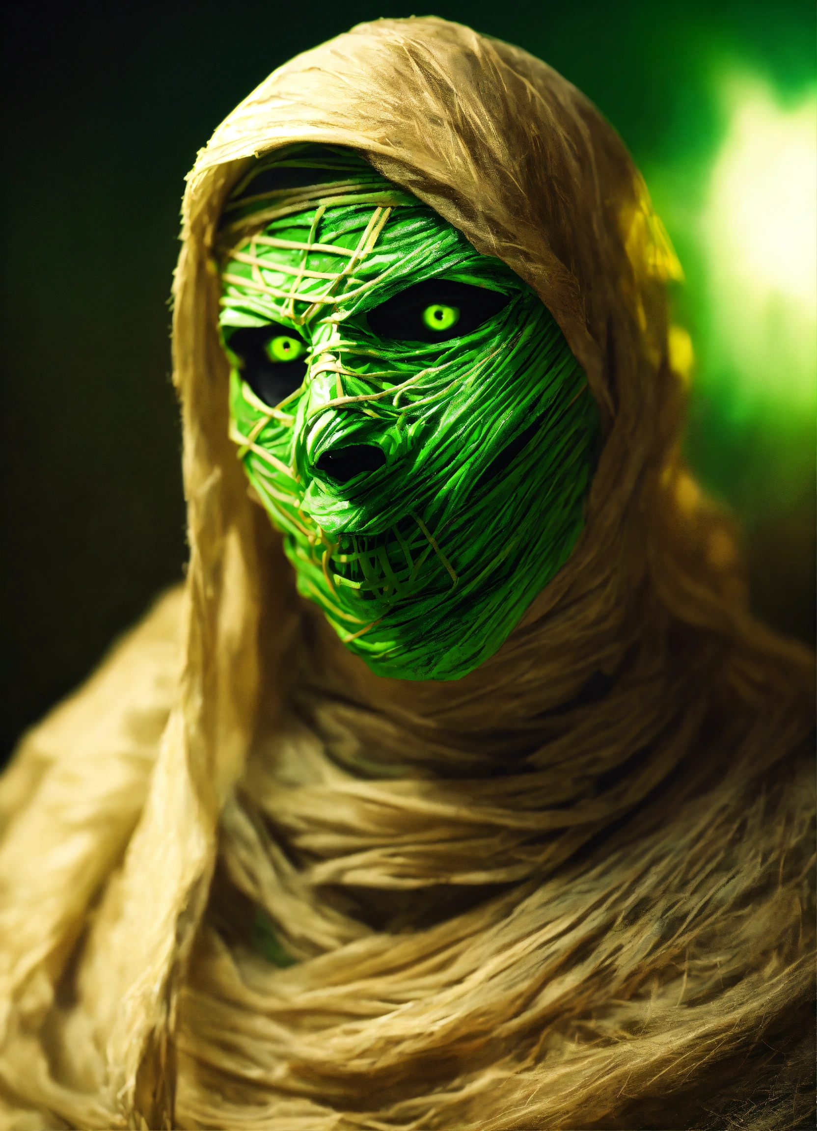Lexica - Scary wrapped mummy man with beautiful green eyes, full body
