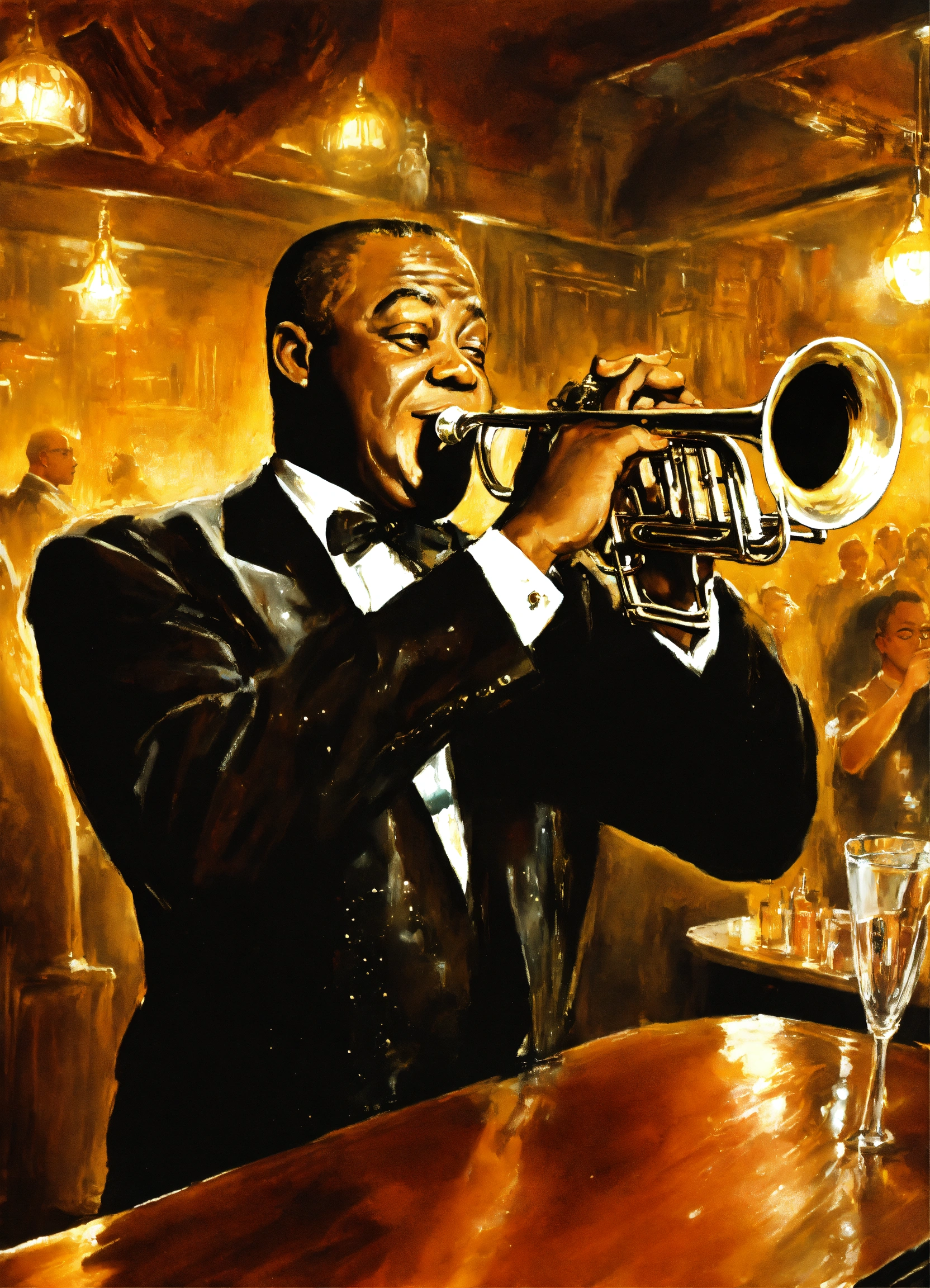 Lexica - "Louis Armstrong playing trumpet in the background of a bar in ...