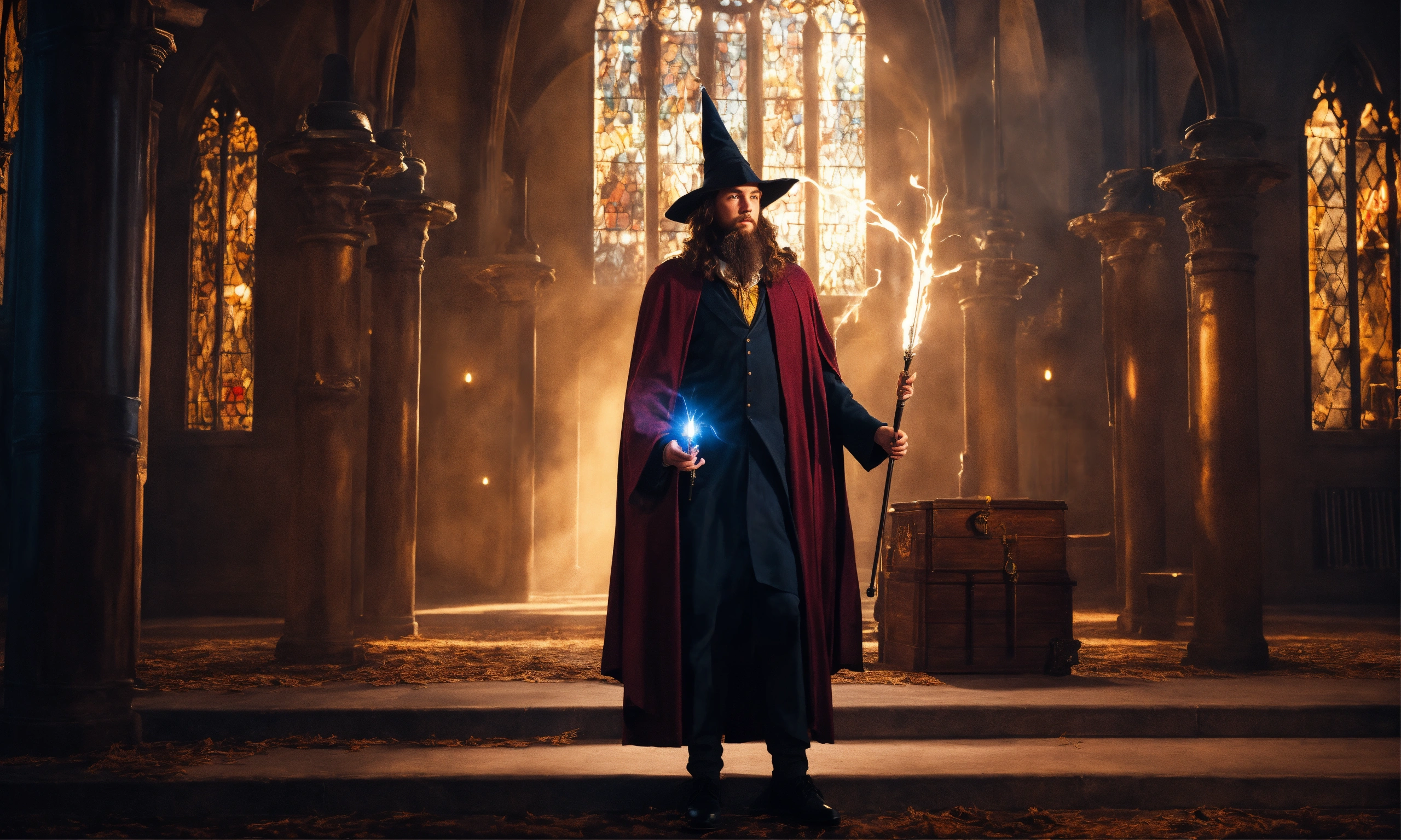 Lexica - Man young wizard, inside Hogwarts with a magic wand in his hand