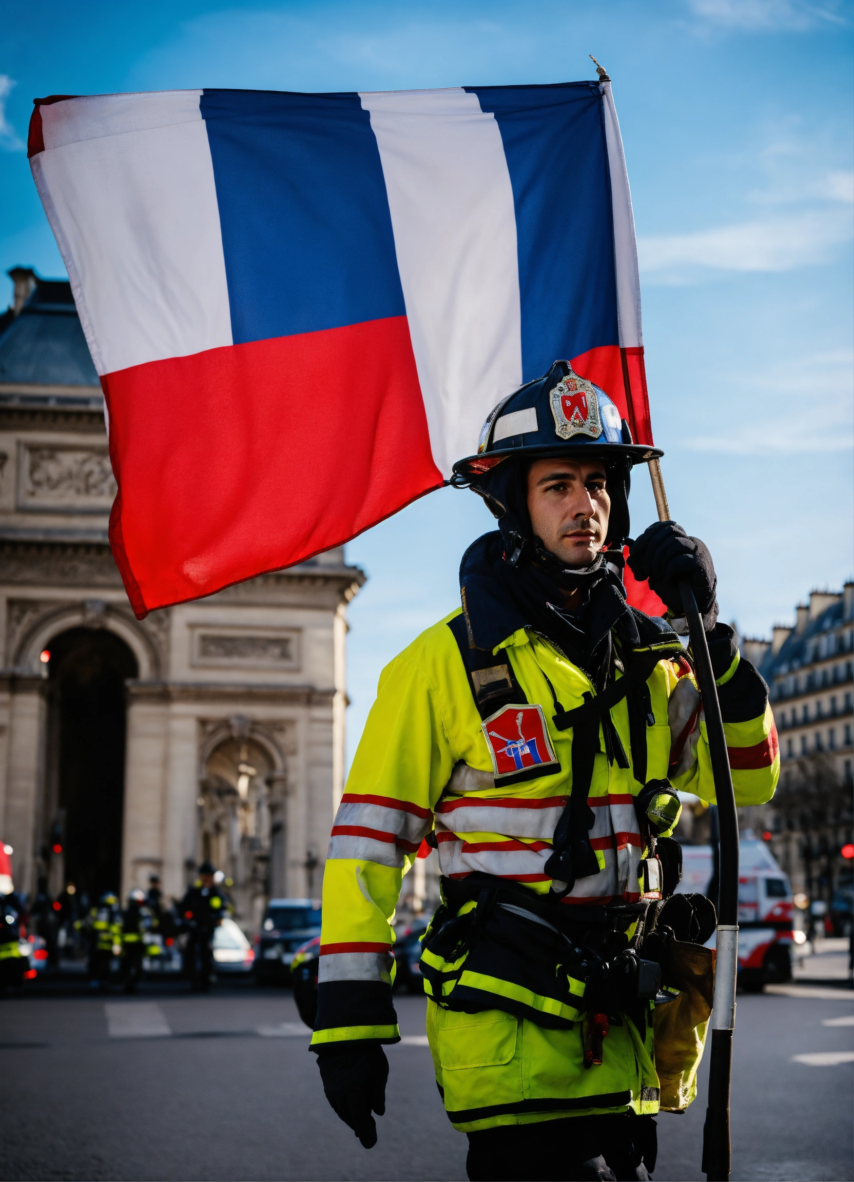 Lexica - French firefighter in Paris with the French flag