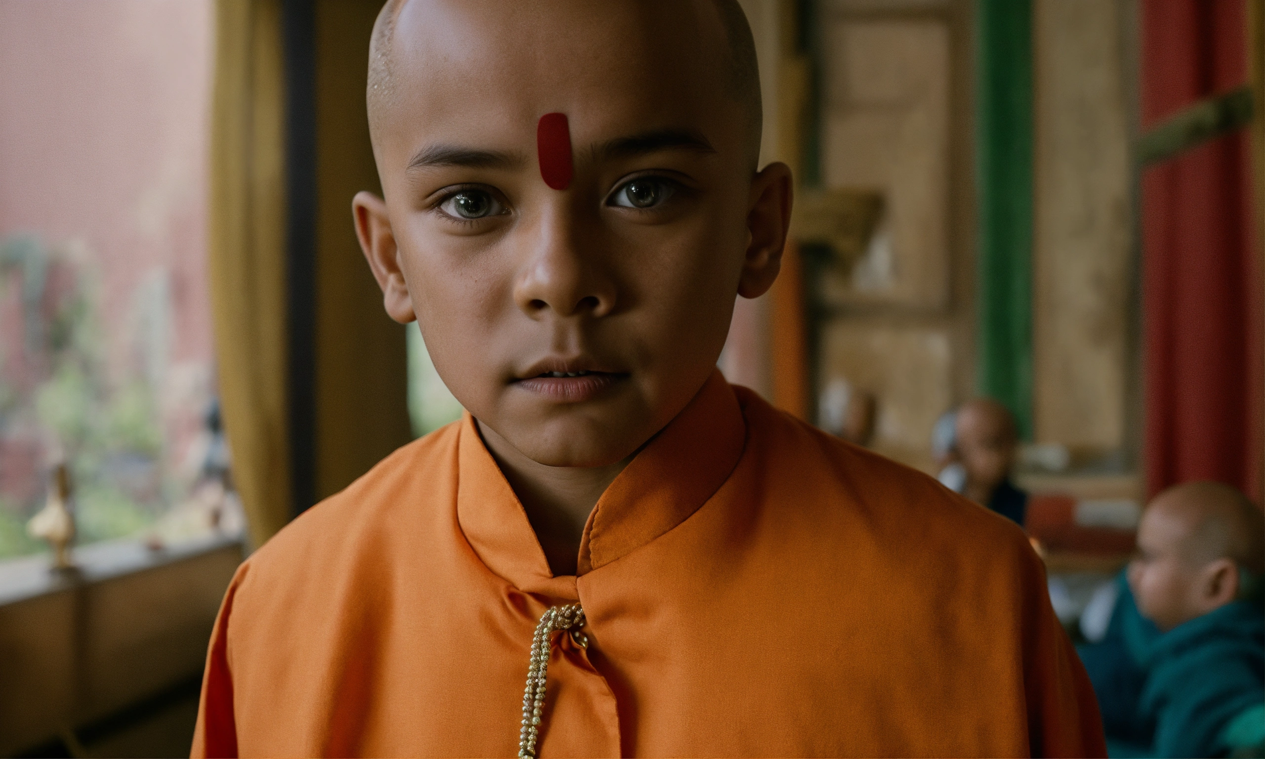 Lexica - Portrait of 10-year-old boy wearing an orange Harry Krishna ...