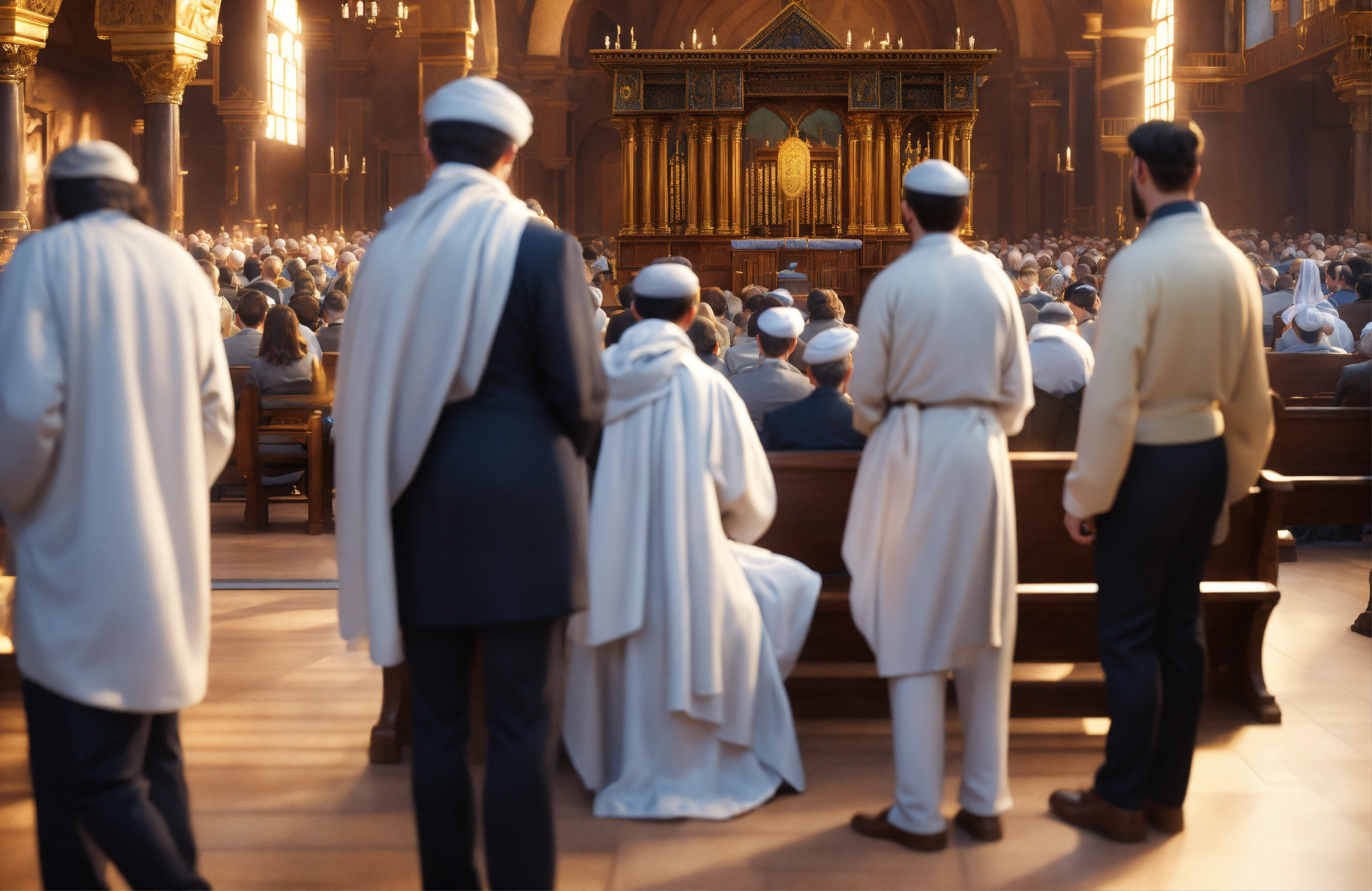 Lexica - A hundred Orthodox people sit in a synagogue with tallit and ...