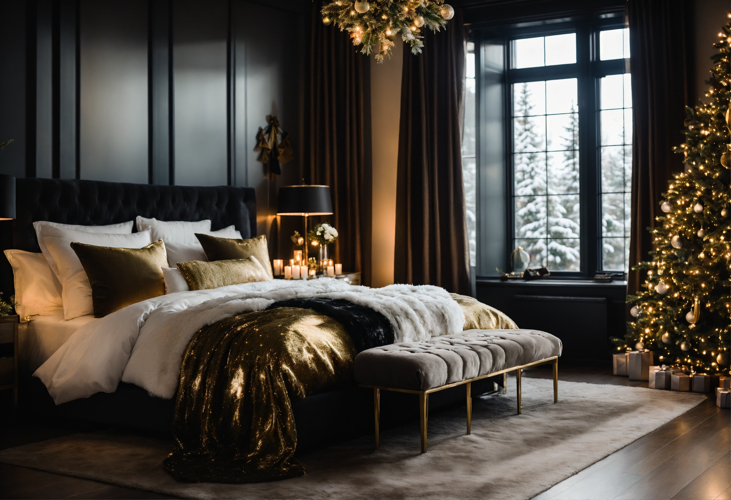 Lexica - Beautiful Christmas black and gold wedding bedroom facing ...