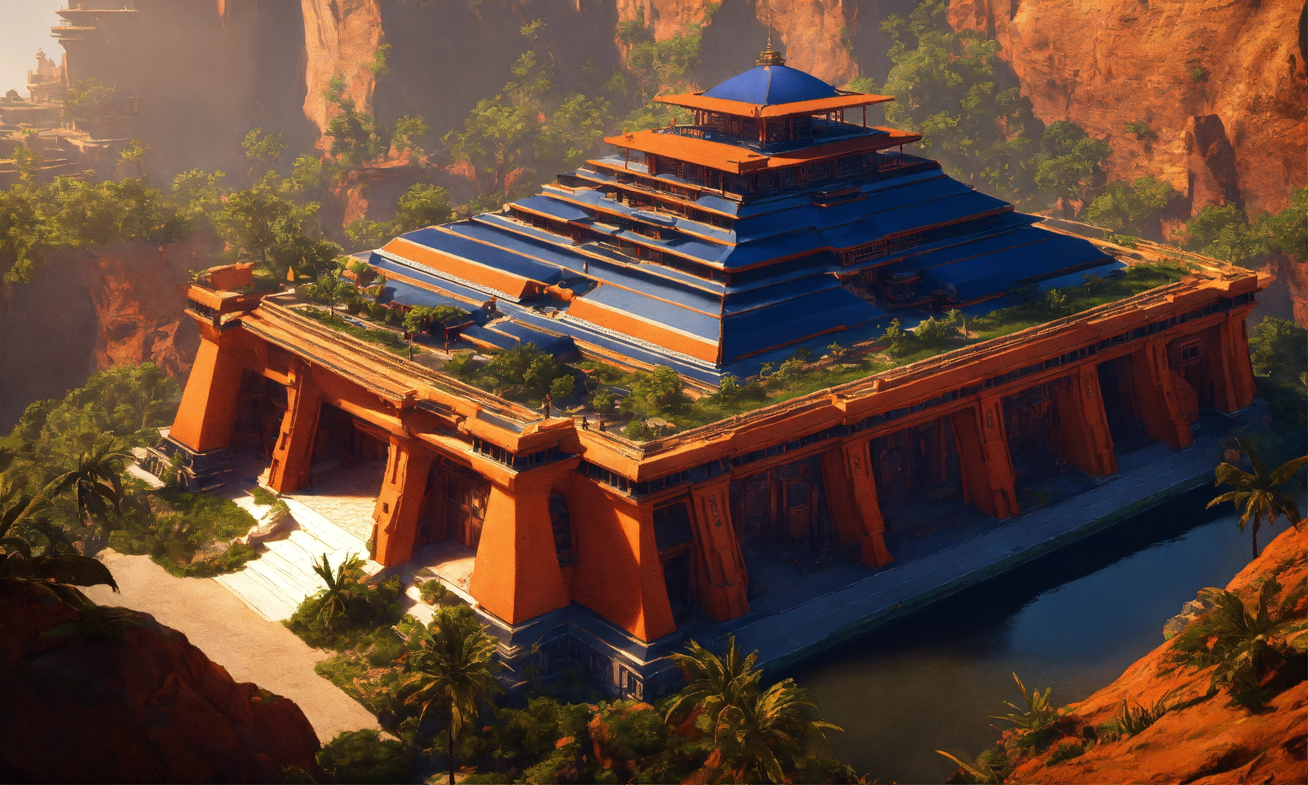 Lexica - Full image of a massive orange Aztec sci fi palace with a navy ...