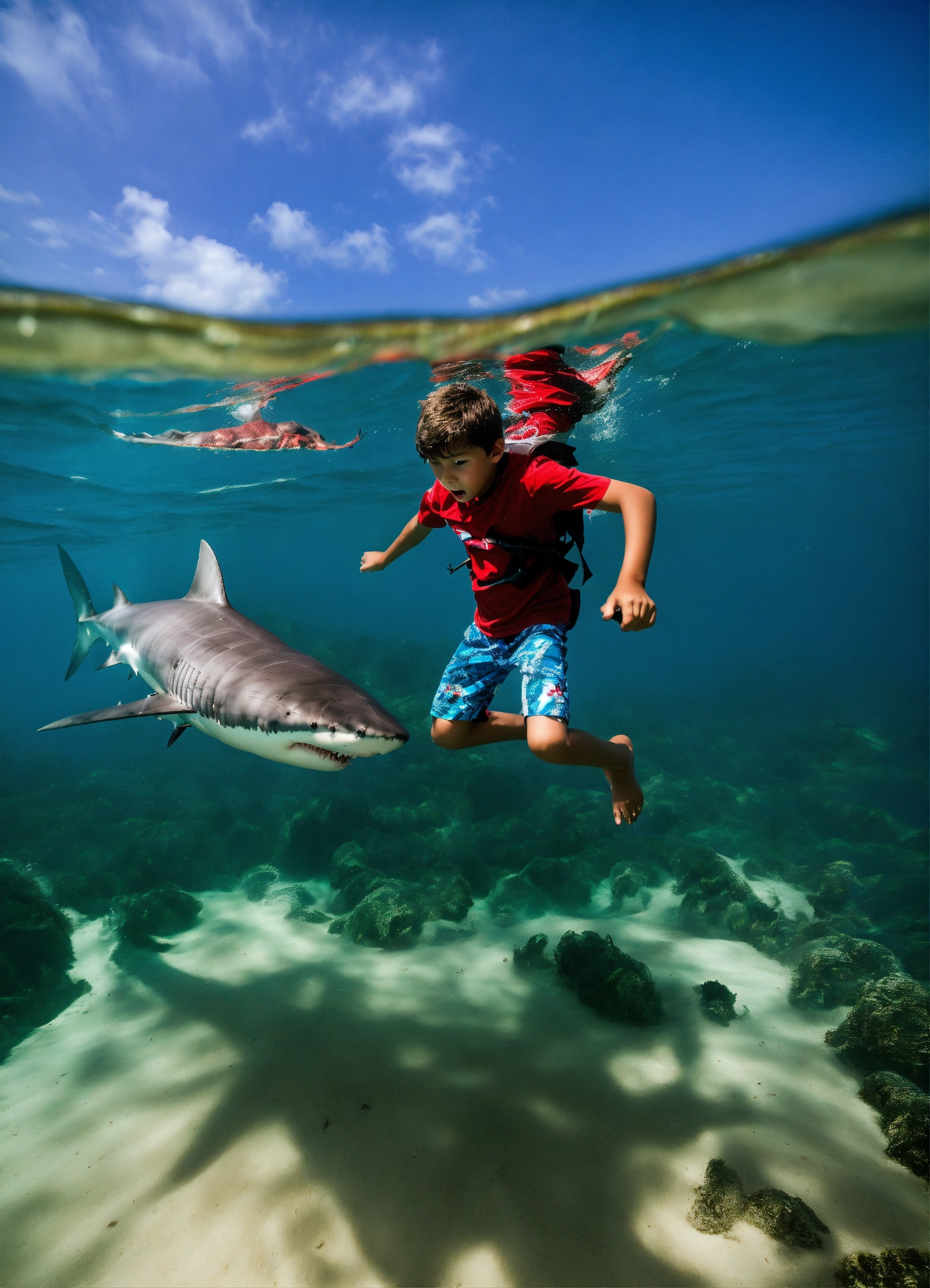 Lexica - I photo of an 11 year old boy escaping from a huge shark by ...