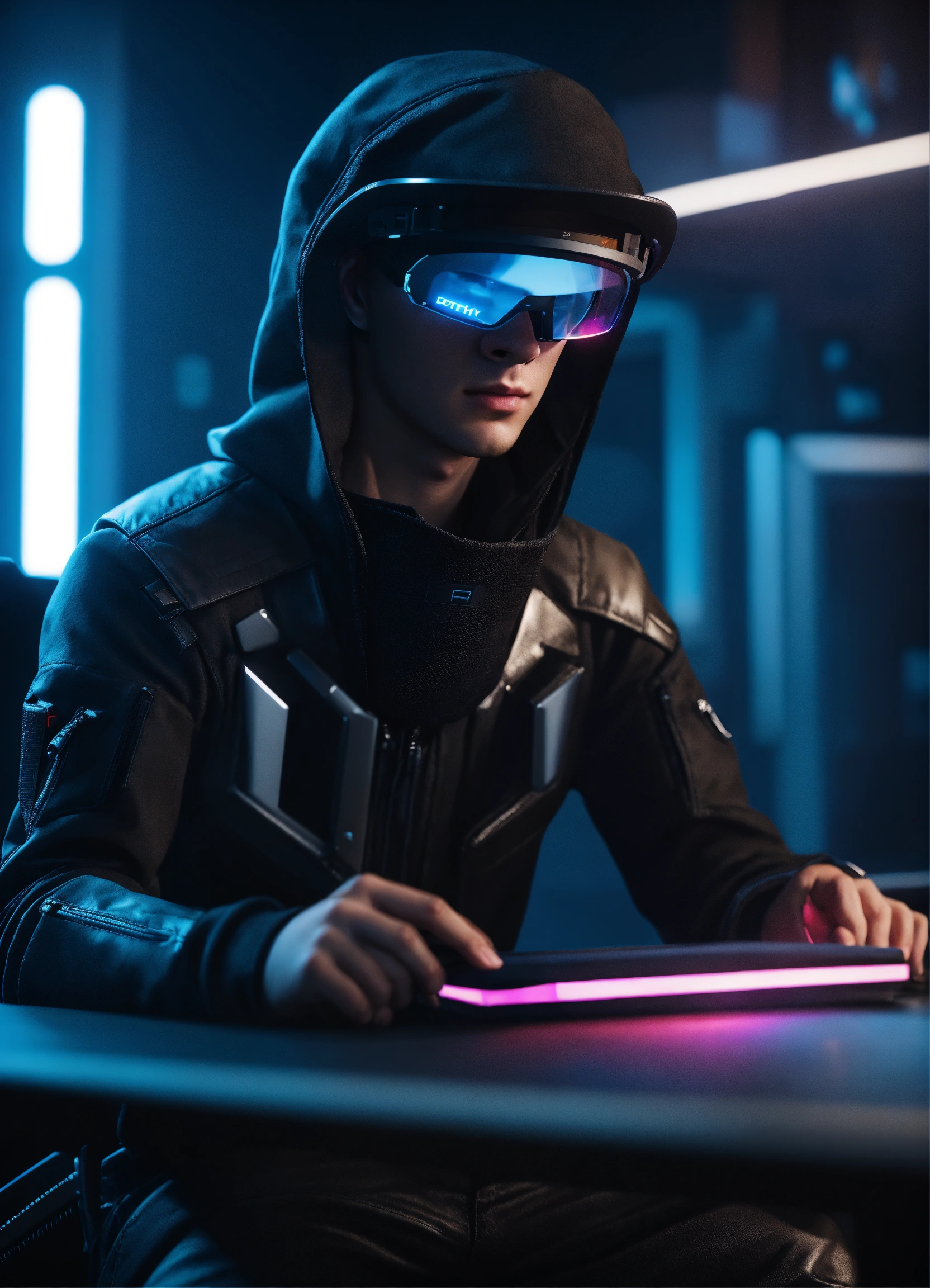 Lexica - Nerdy 20 year old male hacker wearing hi-tech inted visor ...