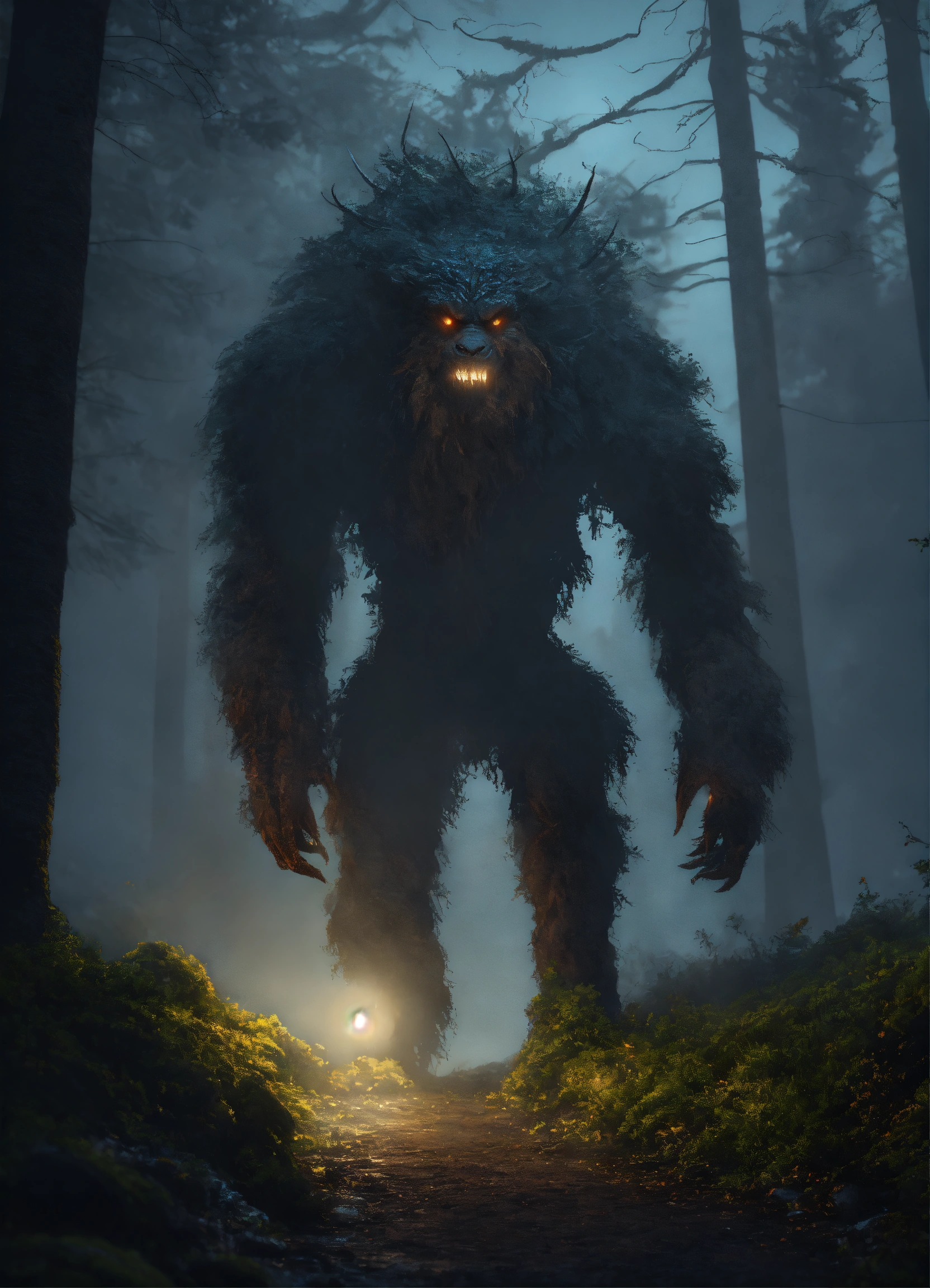 Lexica - Scary hairy humanoid monster , forest, foggy weather, night ...
