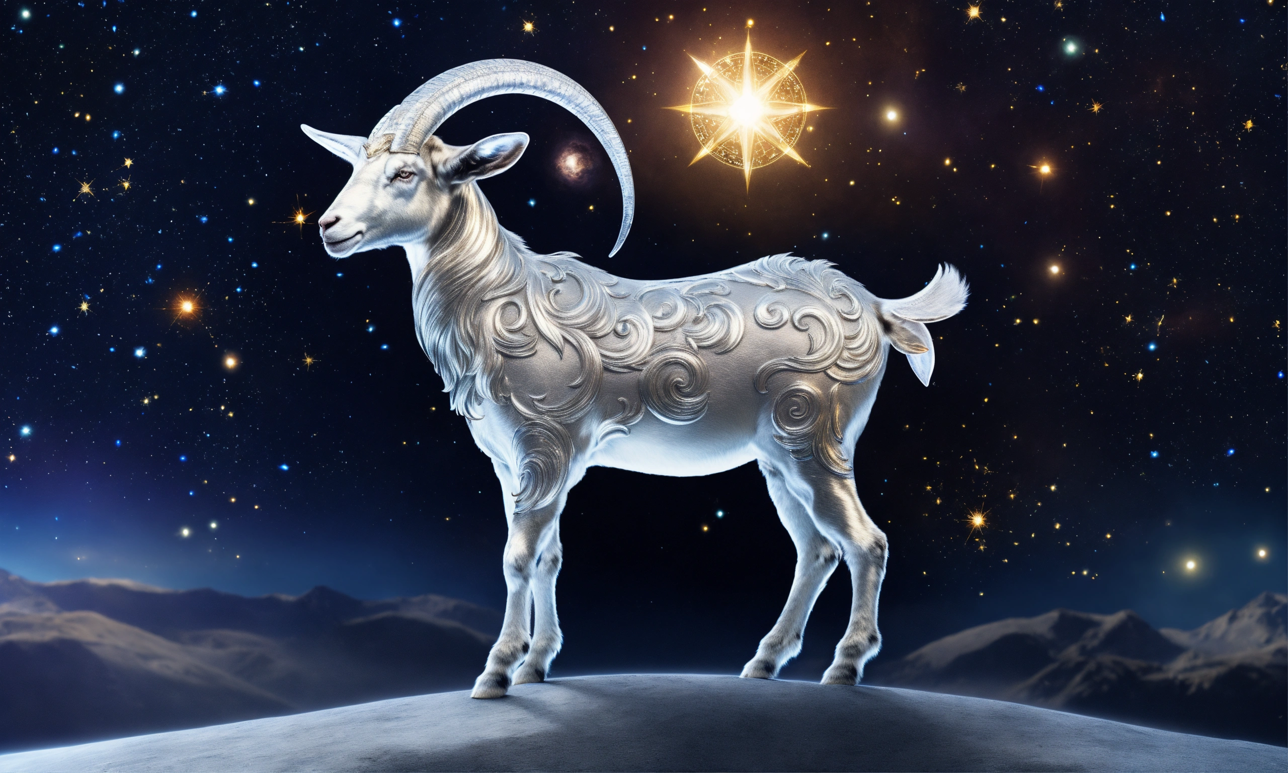 Lexica - Silver goat, astrological symbol, universe background, stars ...