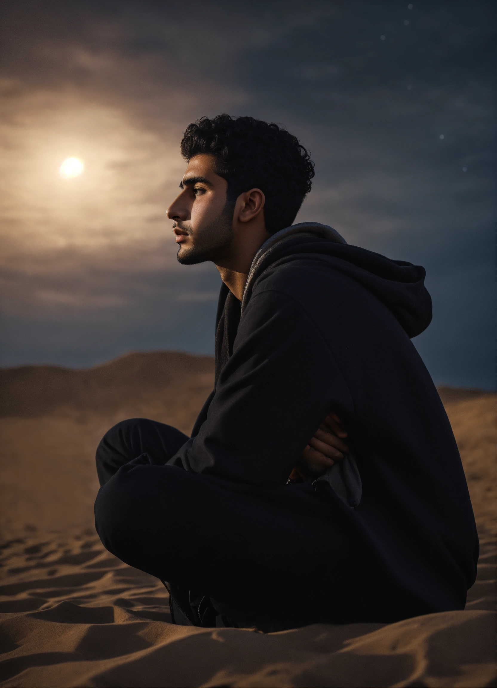 Lexica - Side of young arab man sad and lonely, he looks up to sky dark ...