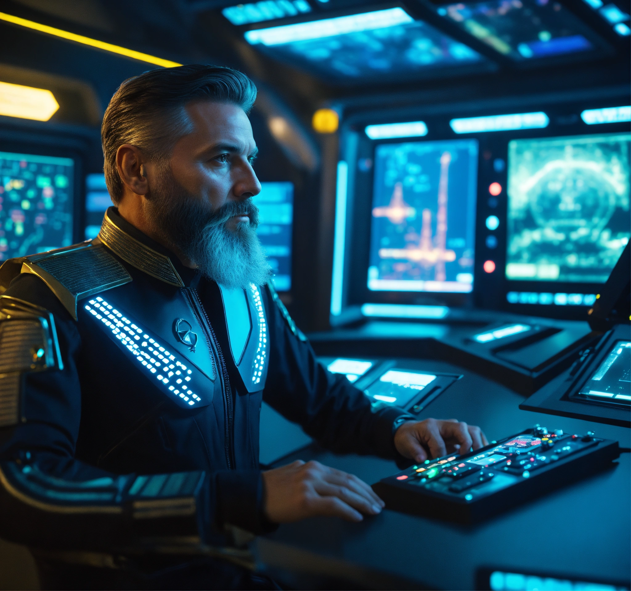 Lexica - 50 year old masculine star commander looking at a hologram ...