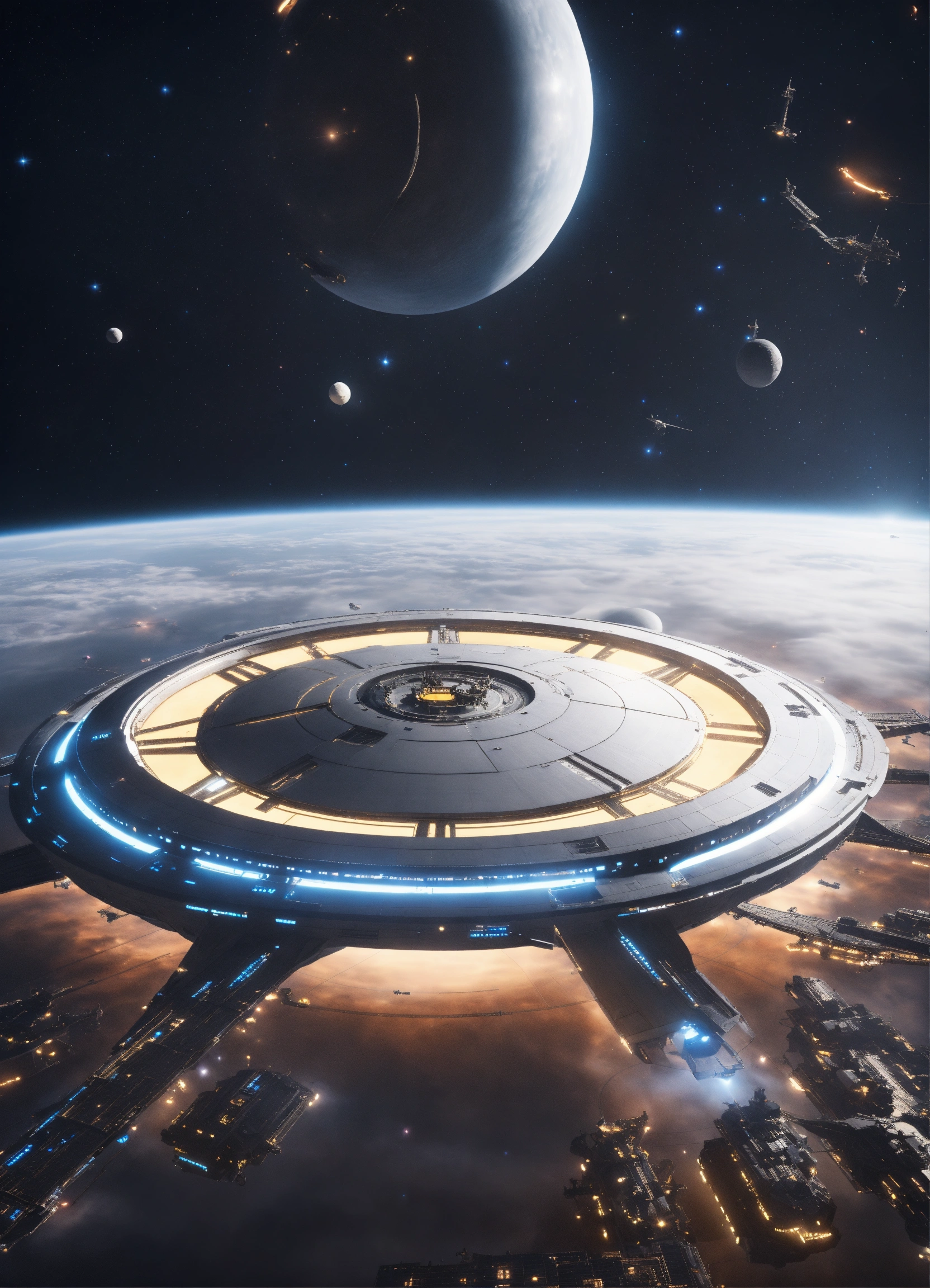 Lexica - Beautiful white disc shaped spaceport hub flying floating in ...