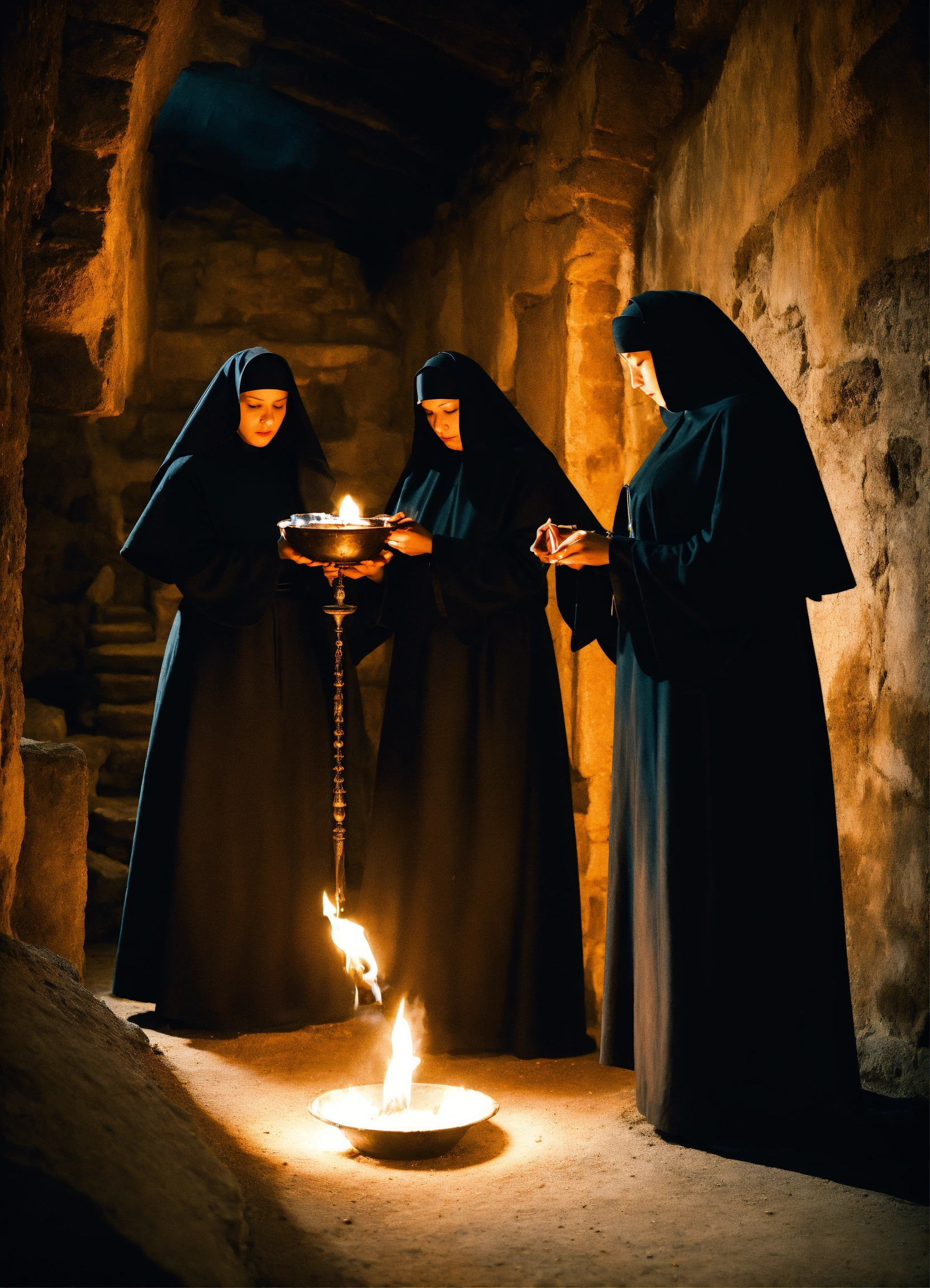 Lexica - Dark nuns performing ritual, in dungeon, historical picture