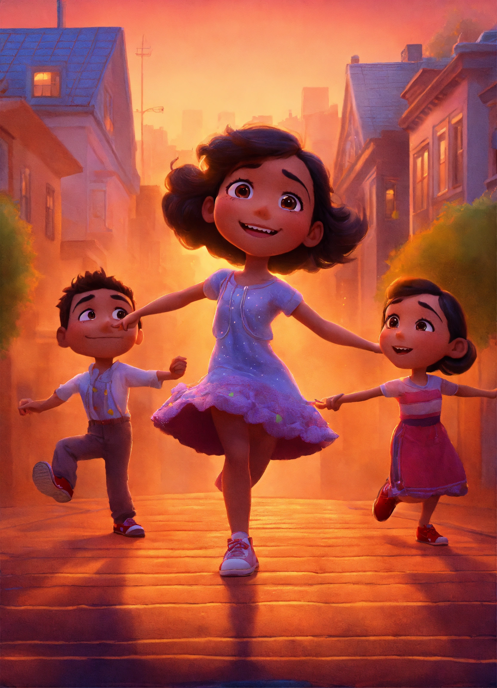 Lexica - Pixar animation of hispanic 9 year old Mia dancing with her family under the foggy San ...