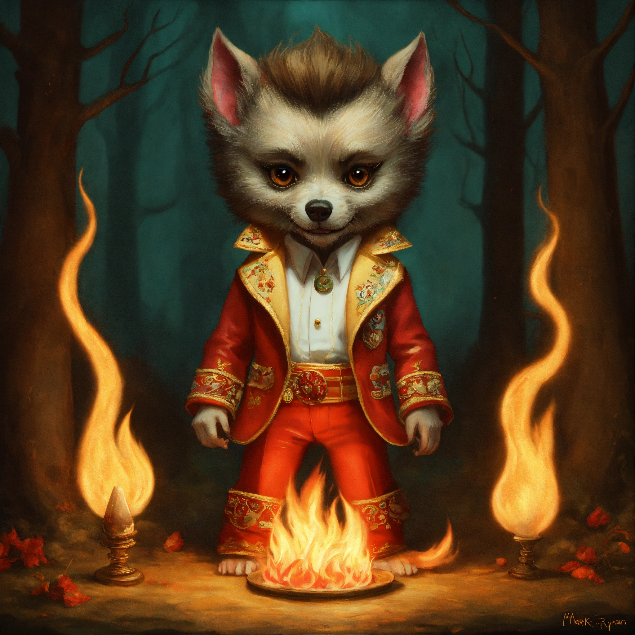 Lexica - A cute werewolf whit elvis costume in flames by mark ryden