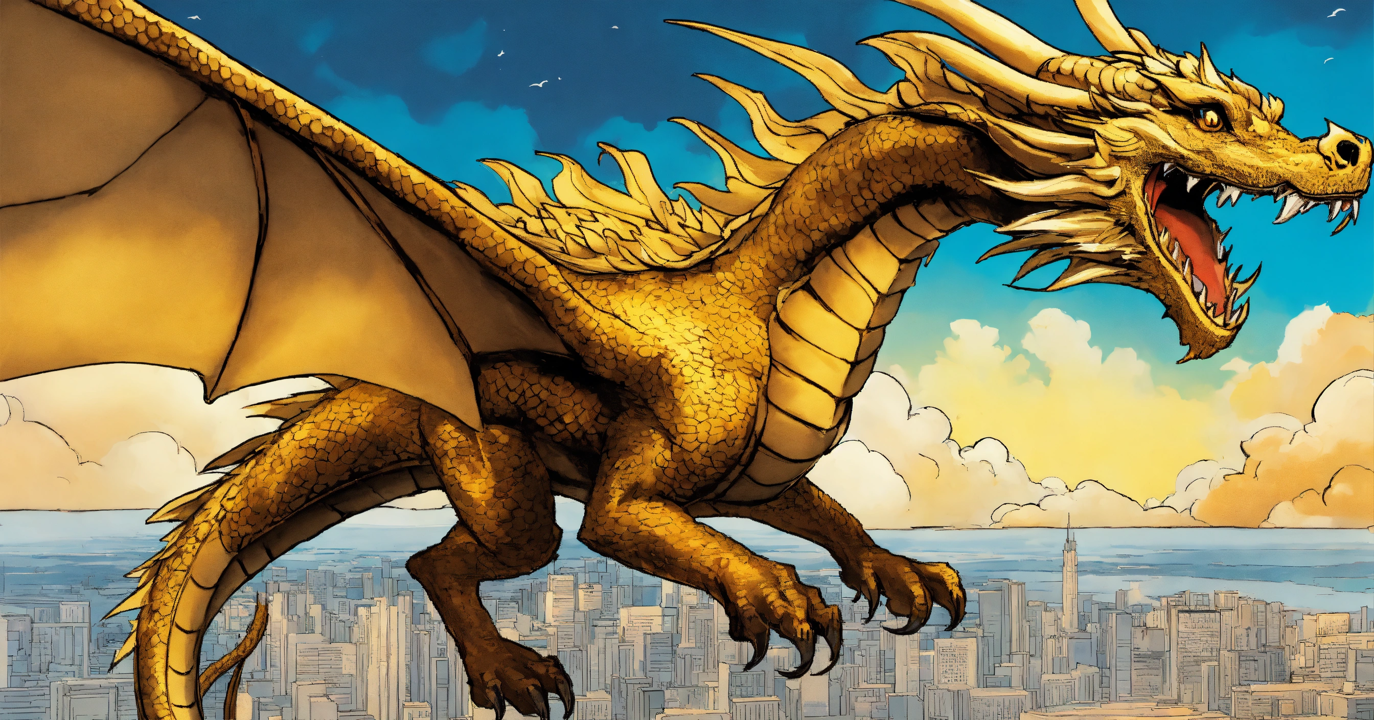 Lexica - Grinning Gold Dragon, flying over clouds, with a city beneath ...