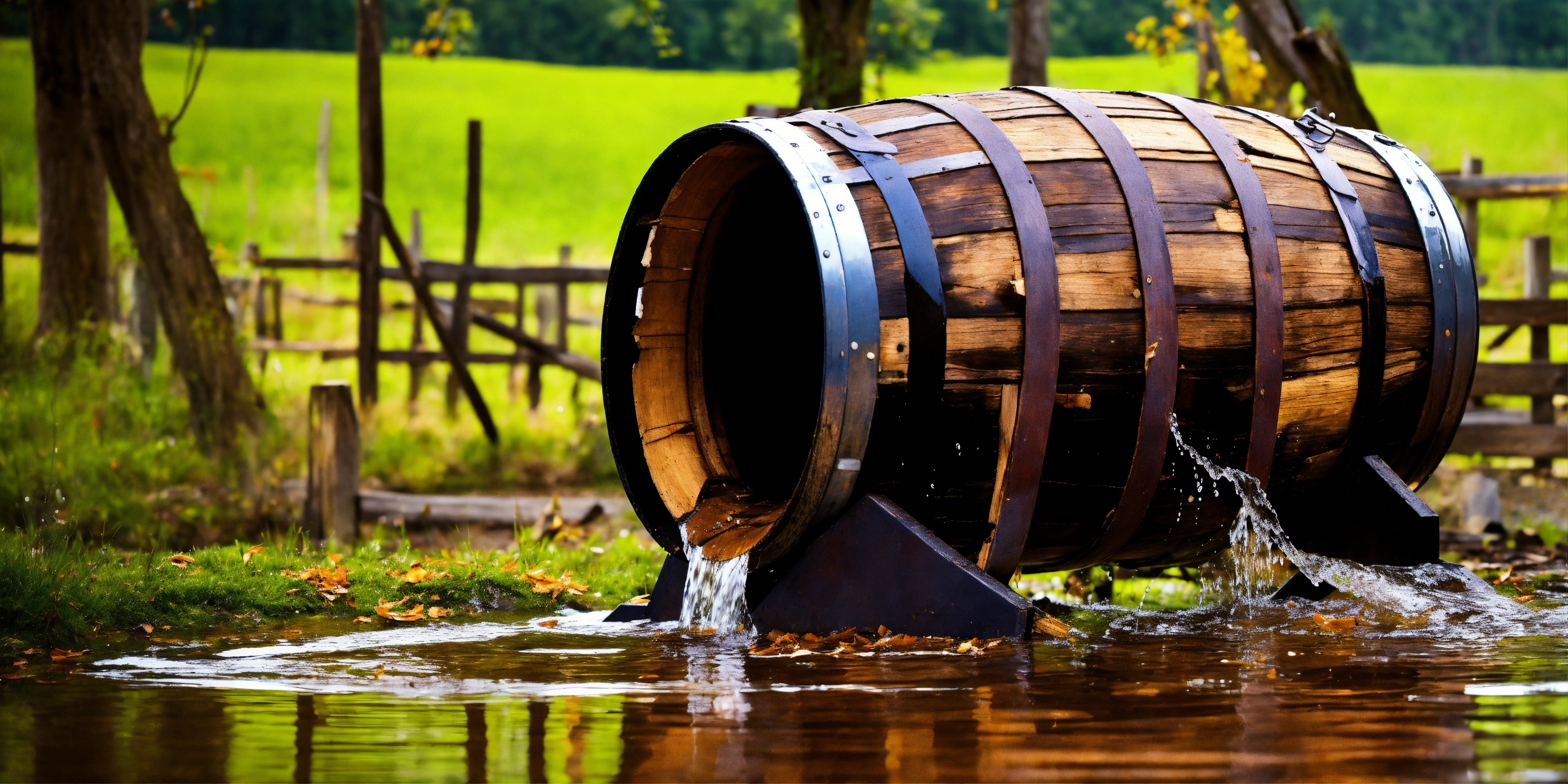 Lexica - Broken Wooden barrel with a leaking water