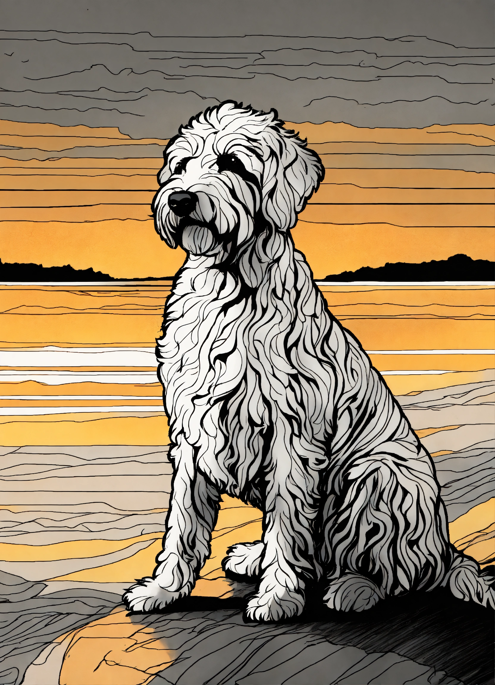 Lexica - Black and white bold line drawing, golden doodle still in ...
