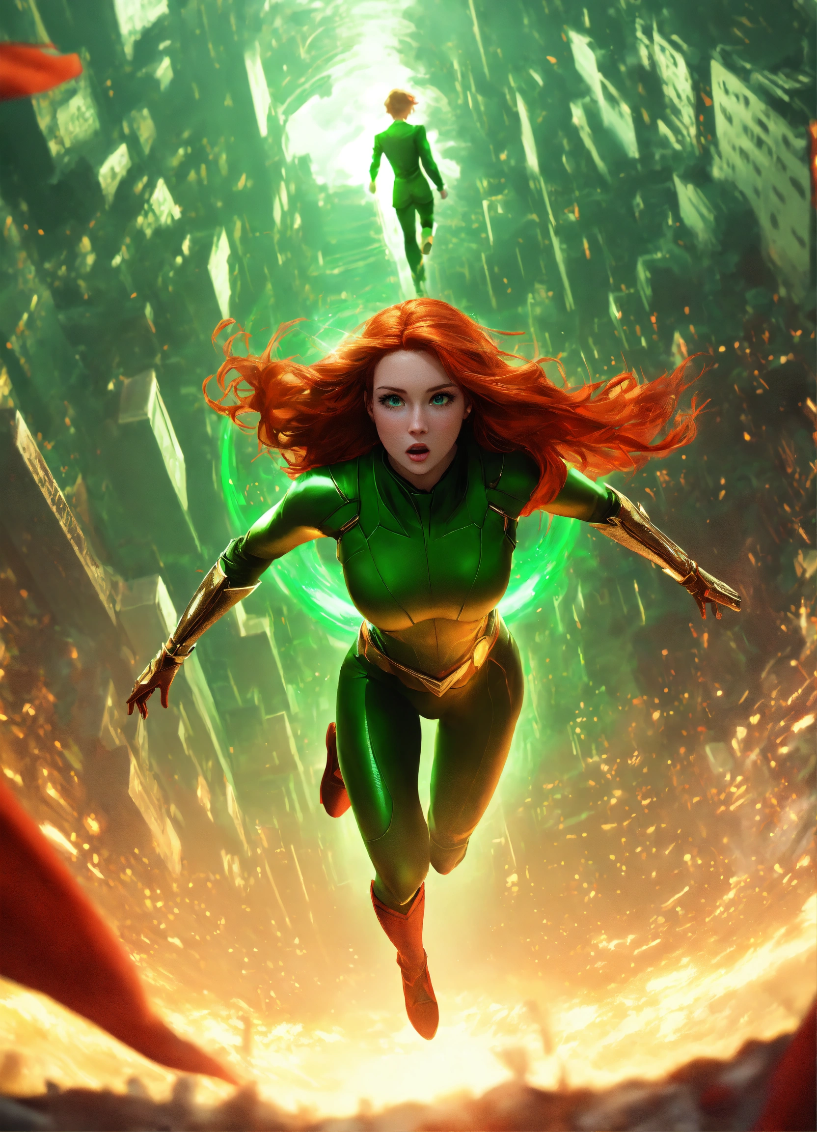 Lexica - Red-haired, green-eyed female superhero, floating down out of ...