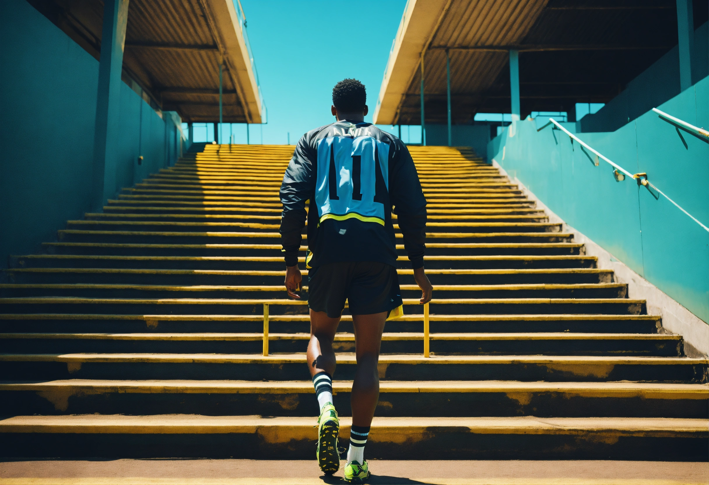 Lexica - A black Brazilian football player walking up the stairs to a ...