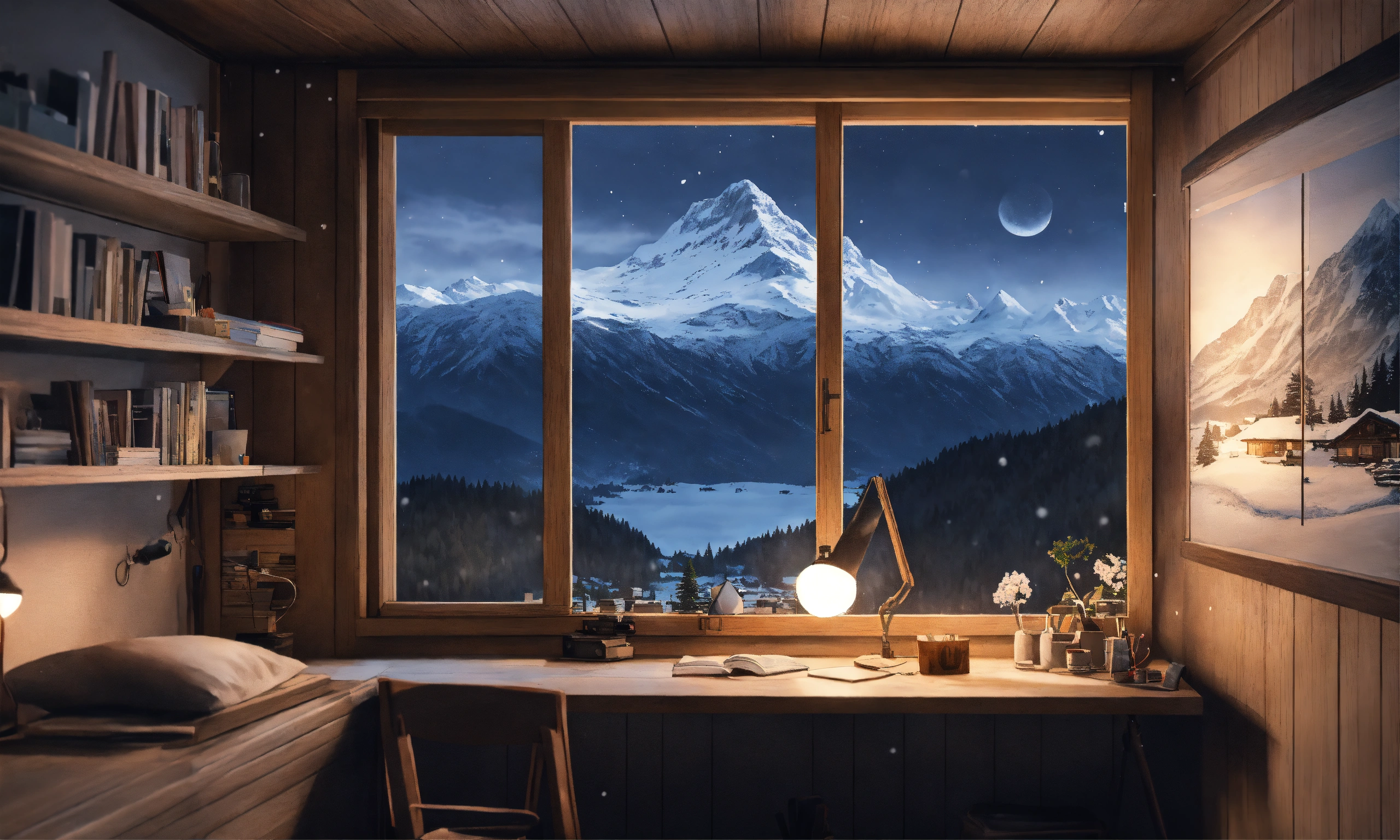 Lexica - Cozy cabin in swiss alps, image focused on study desk behind ...