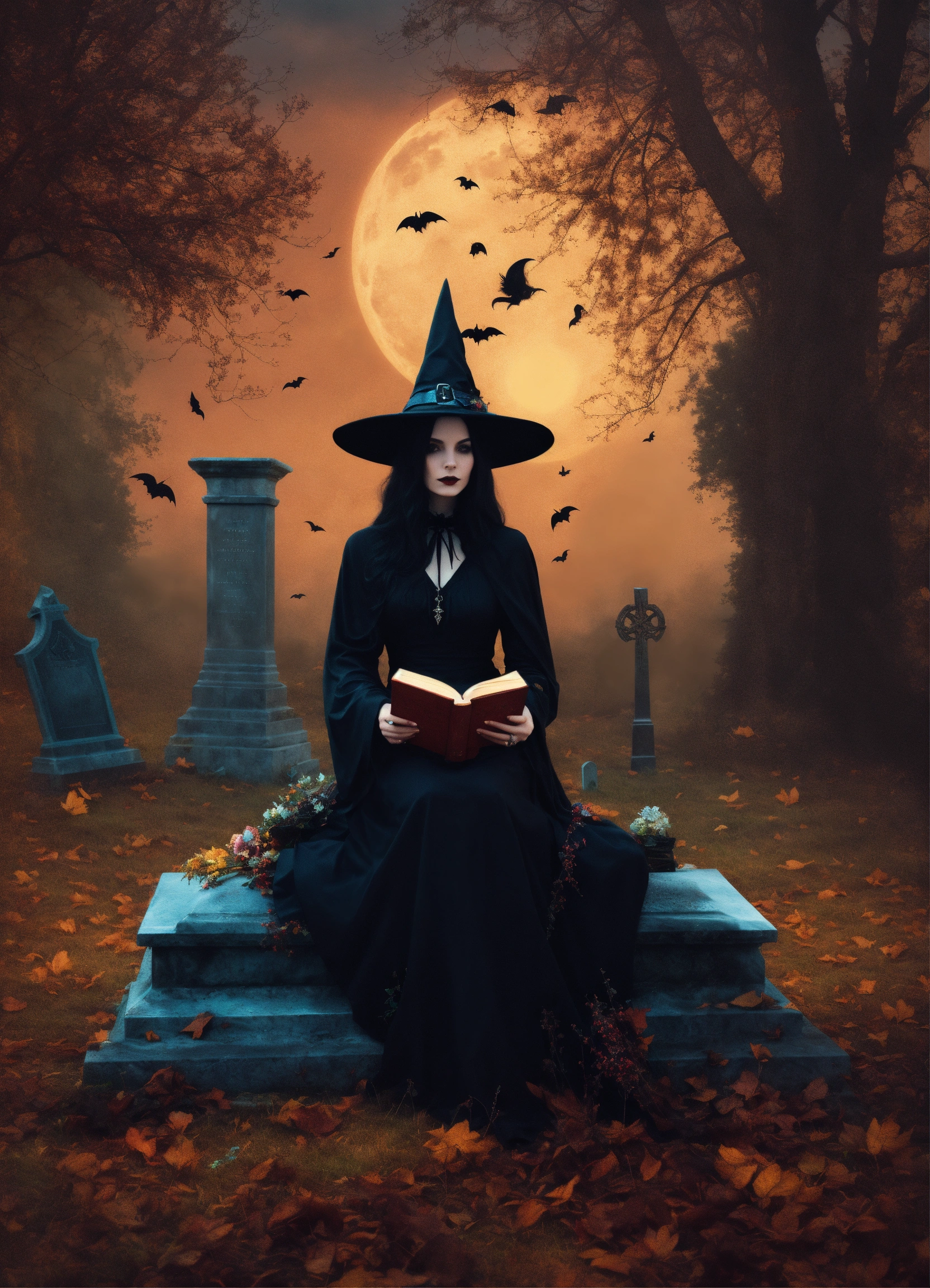 Lexica - Witch sitting on a grave reading a book, Vintage Gothic Dark ...