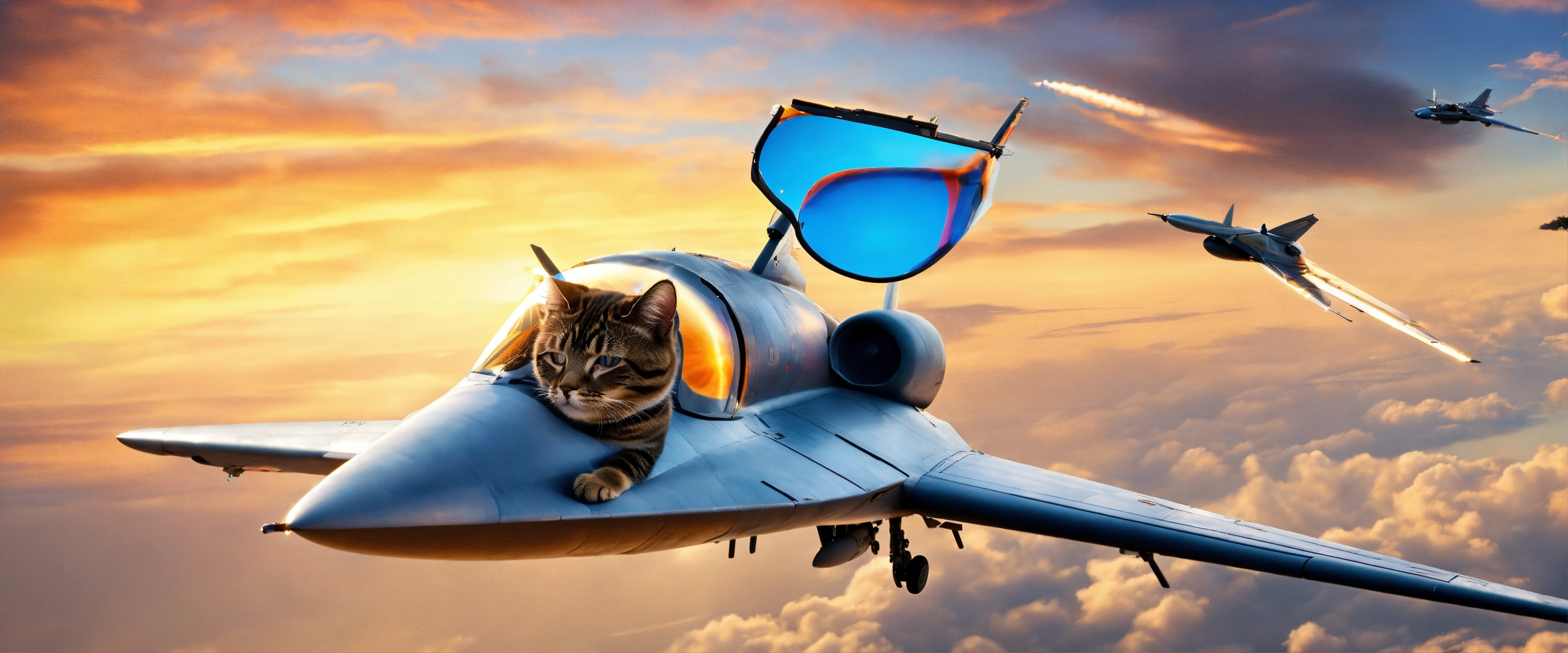 Lexica - A cute cat wearing sun glass and flying a fighter jet