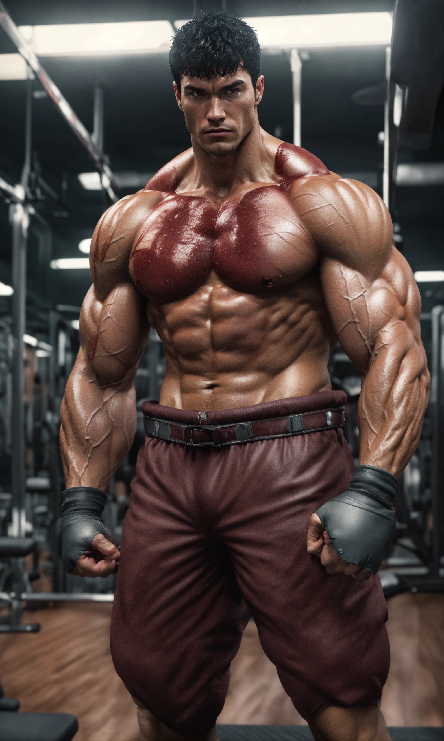 Lexica - Guts from berserk, muscular, in a fitness gym, muted palette ...