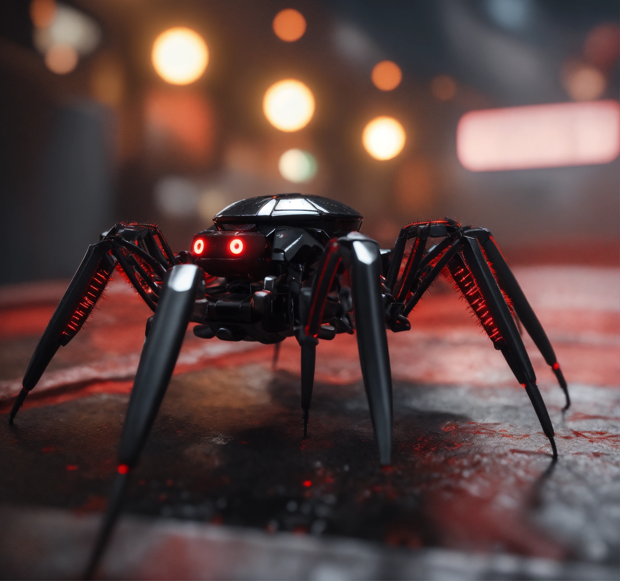 Lexica - Zoom out on a group of 5 small black spider bots with sharp ...